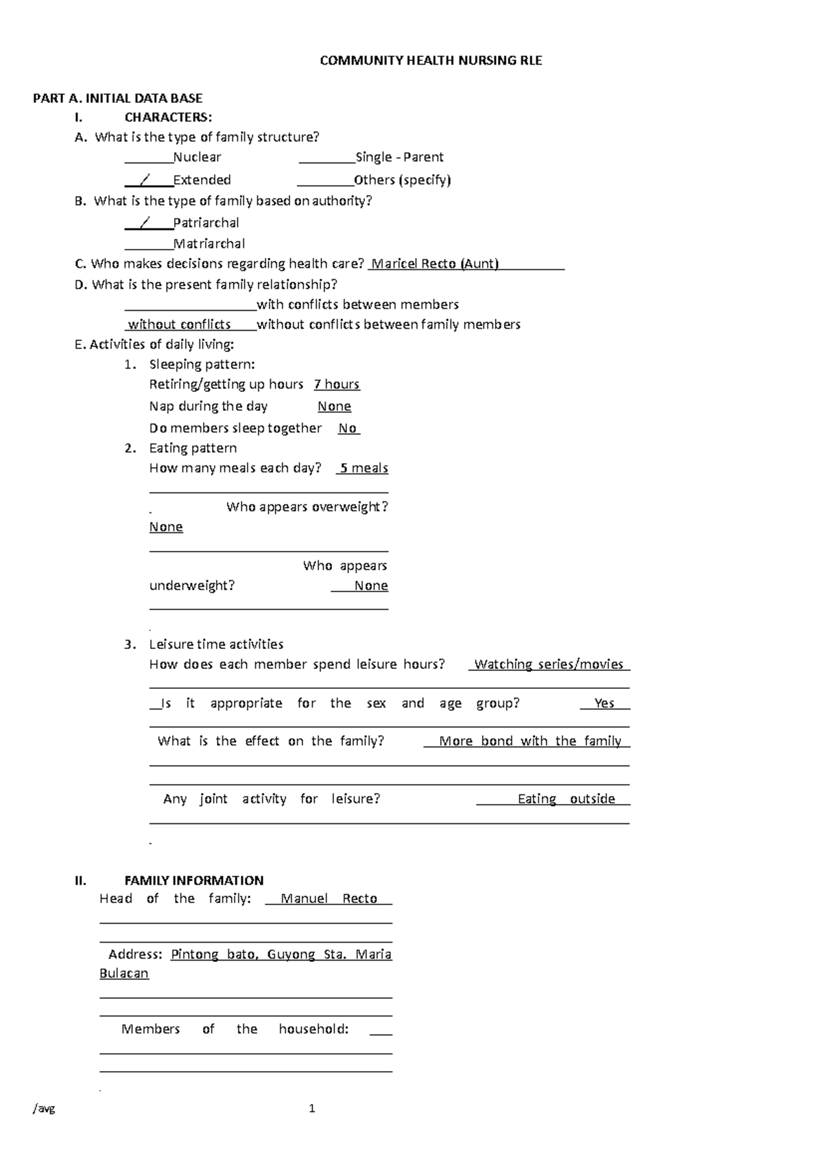 IDB 1 - none - COMMUNITY HEALTH NURSING RLE PART A. INITIAL DATA BASE I ...