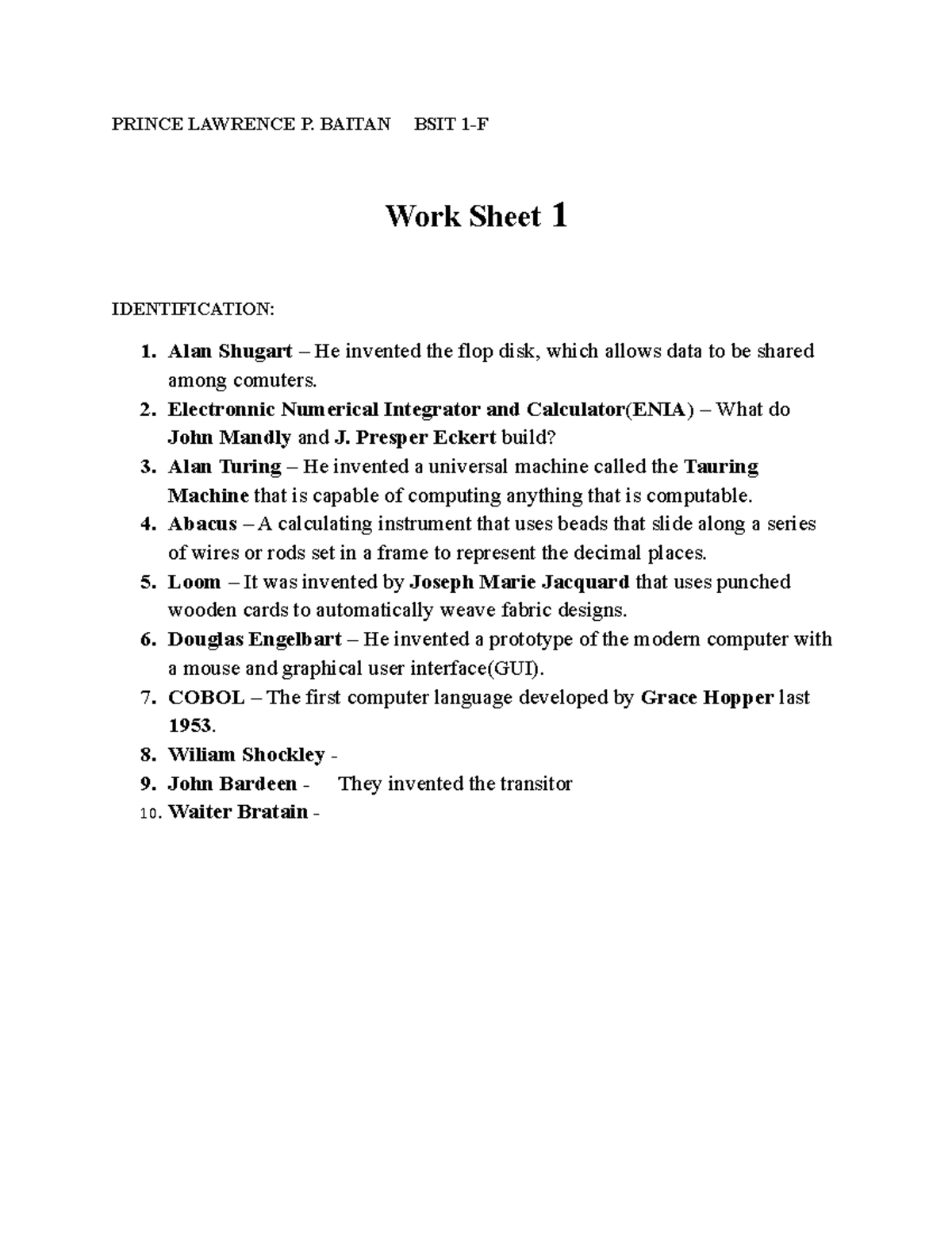 Worksheet-1 - worksheet - PRINCE LAWRENCE P. BAITAN BSIT 1-F Work Sheet ...