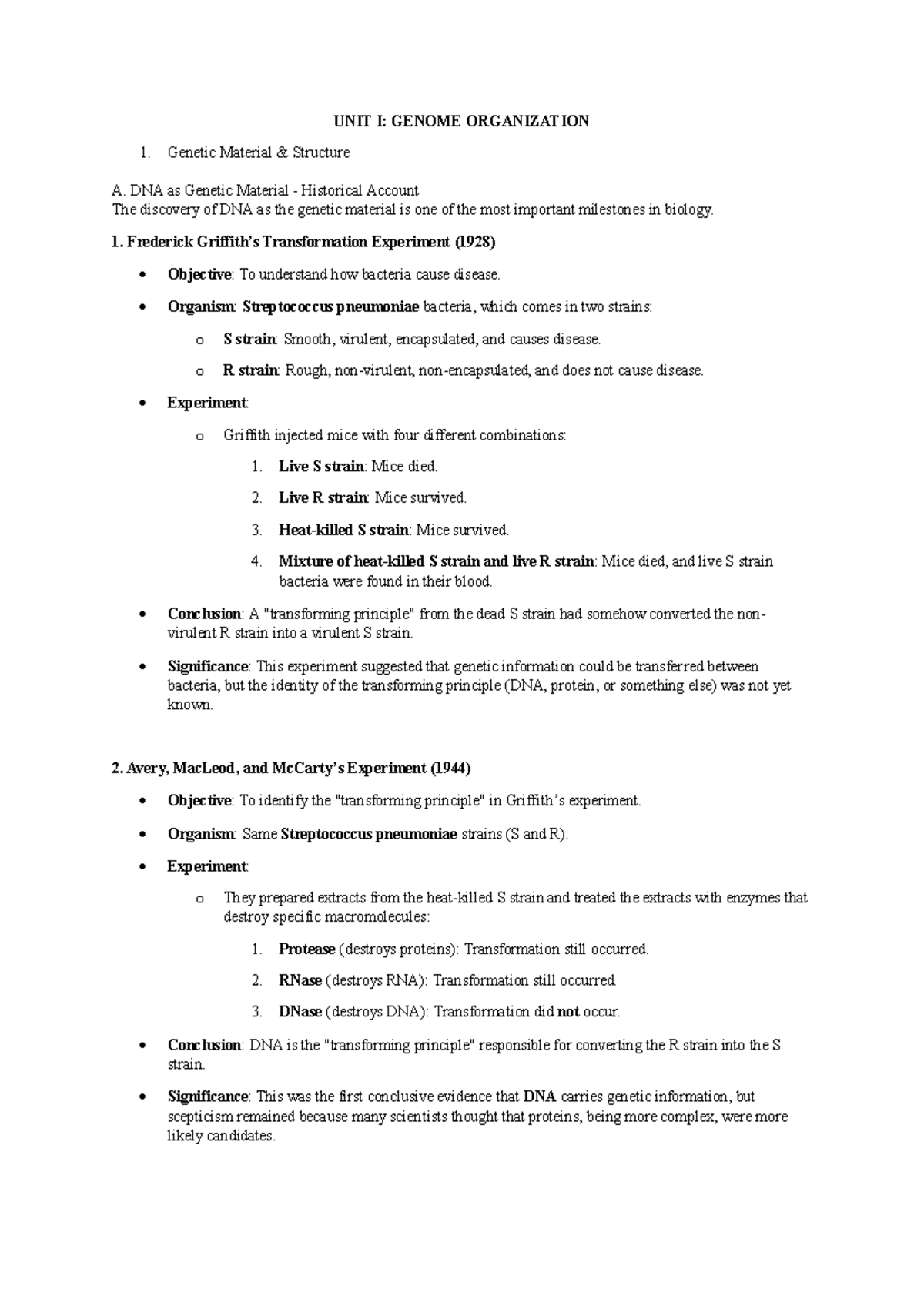 Genome UNIT I - The following document contain the lecture notes for ...