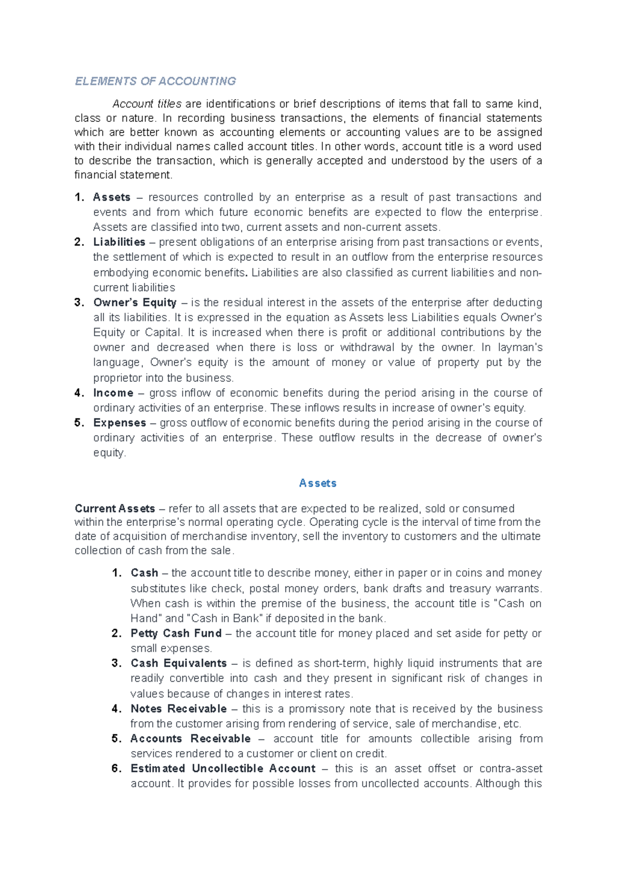 Bookkeeping Guide - ELEMENTS OF ACCOUNTING Account titles are ...