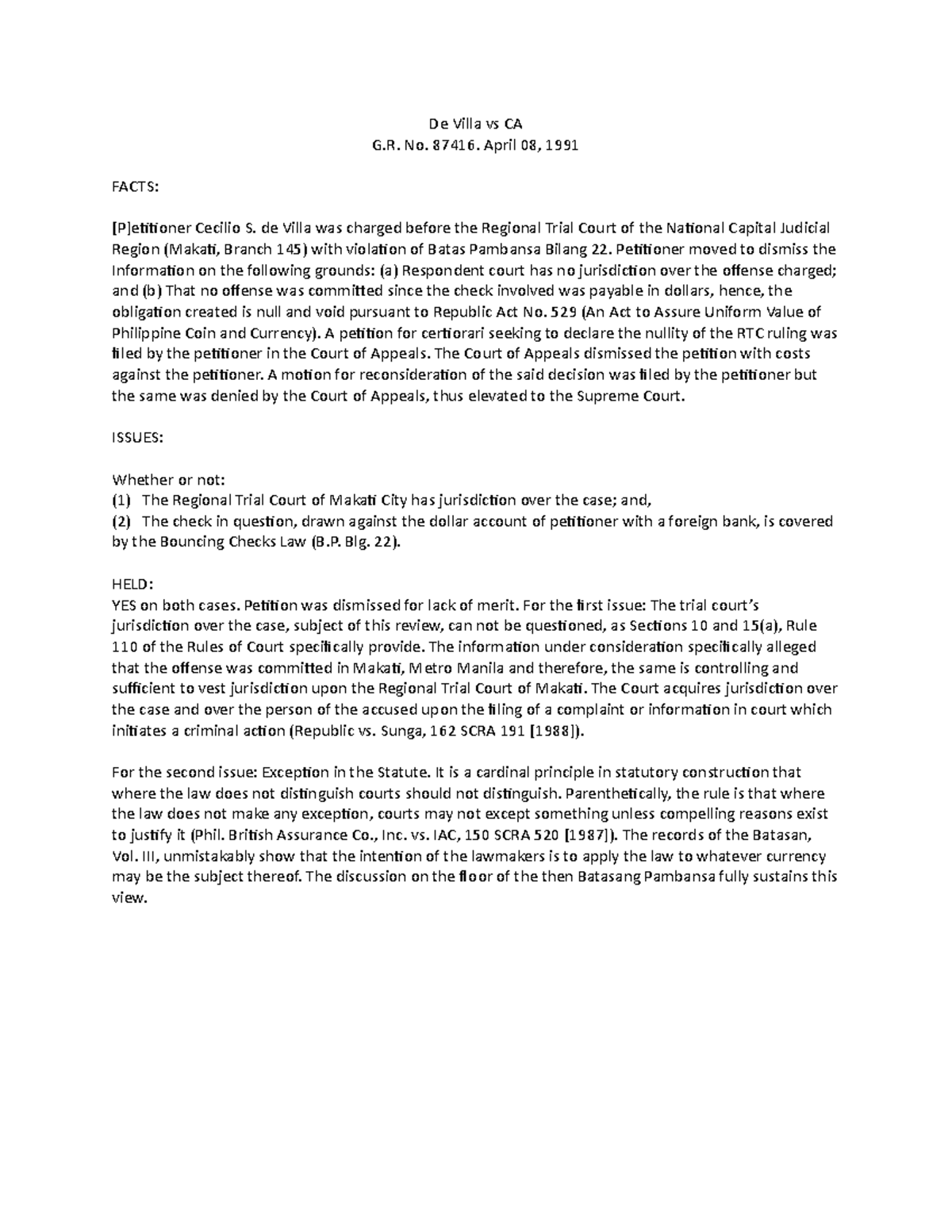 228538116 Stat Con Cases Digested - De Villa vs CA G. No. 87416. April ...