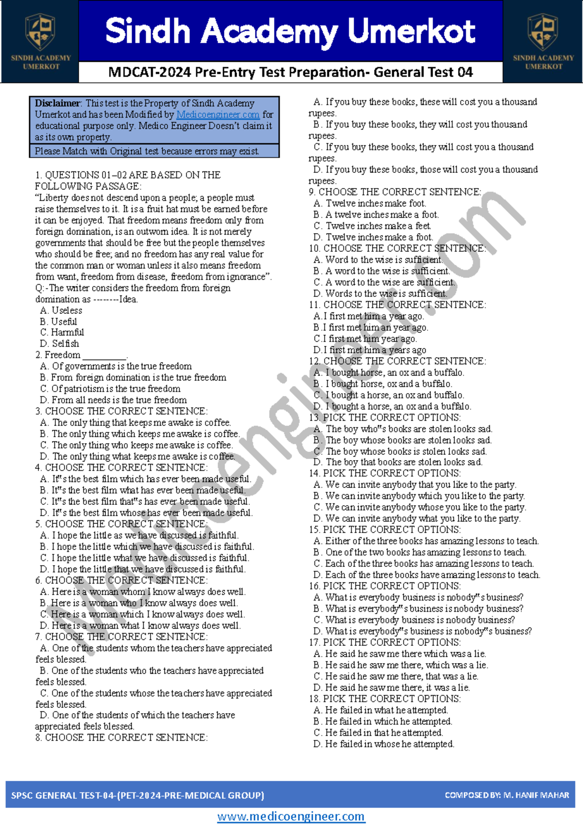 -Medicoengineer.com- Unsolved General TEST-04 SPSC(PM)-2 - MDCAT- 2024 ...