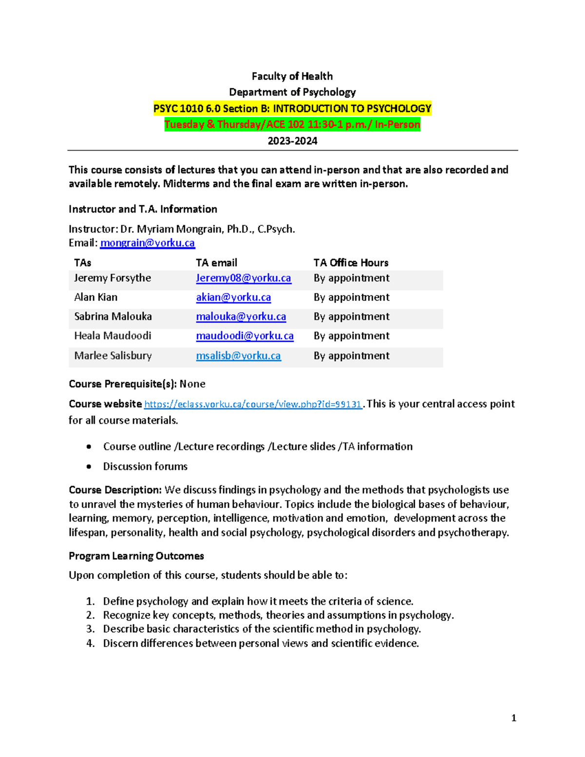 PSYC1010B 2023-2024 - Faculty of Health Department of Psychology PSYC 1010 6 Section B ...