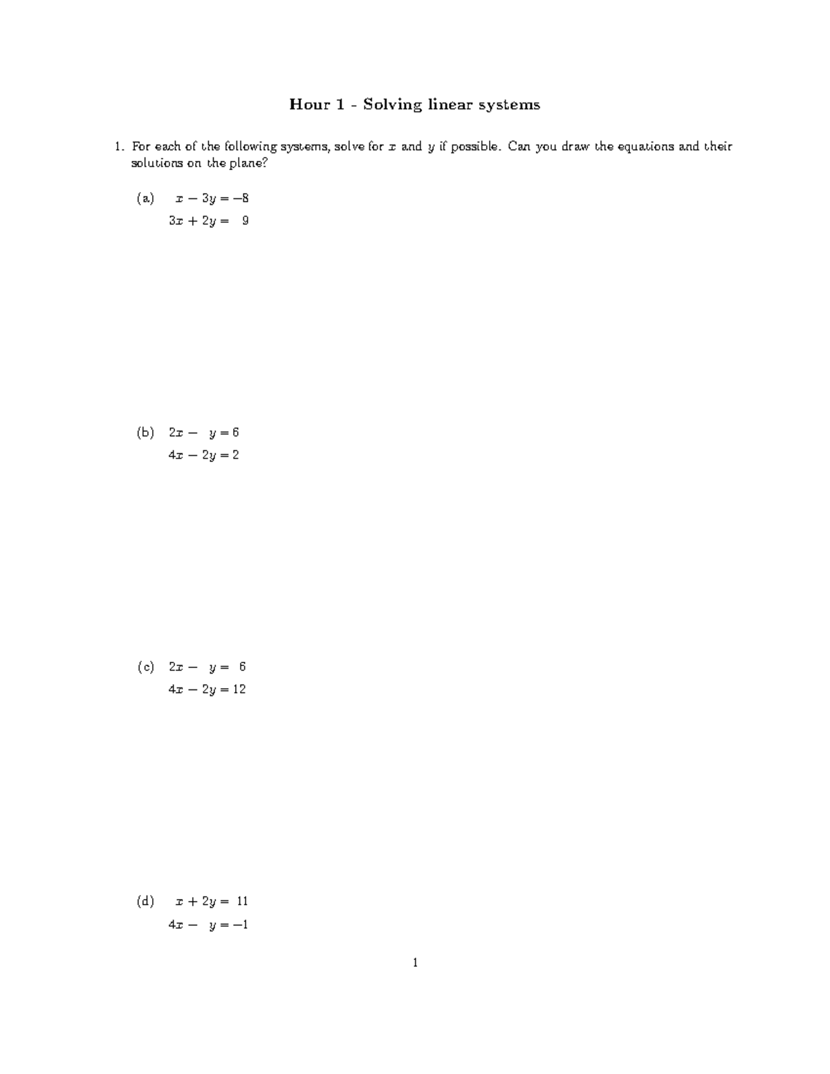01 intro lin alg blank - worksheet - Hour 1 - Solving linear systems ...