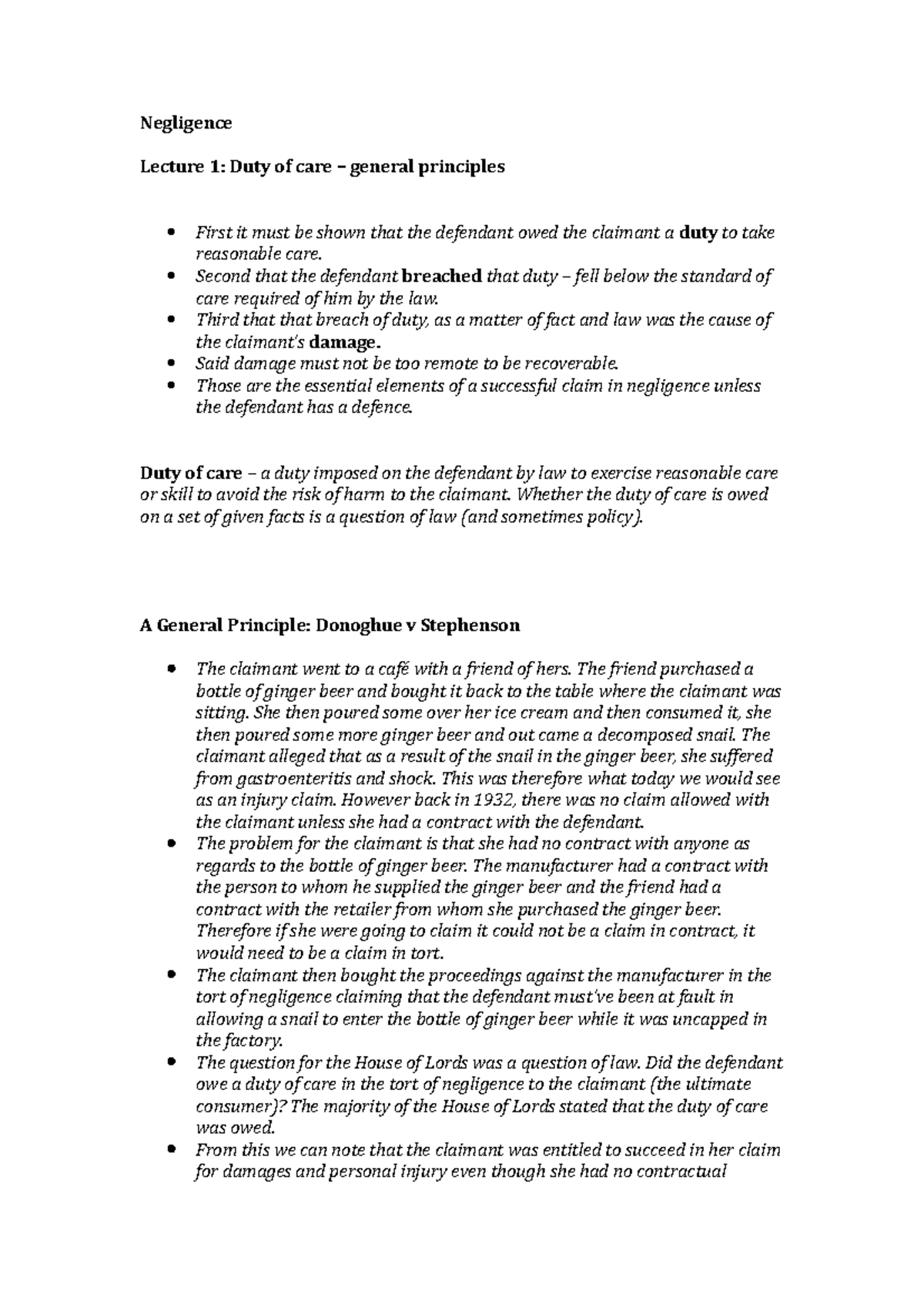 Negligence - duty of care - Negligence Lecture 1: Duty of care ...