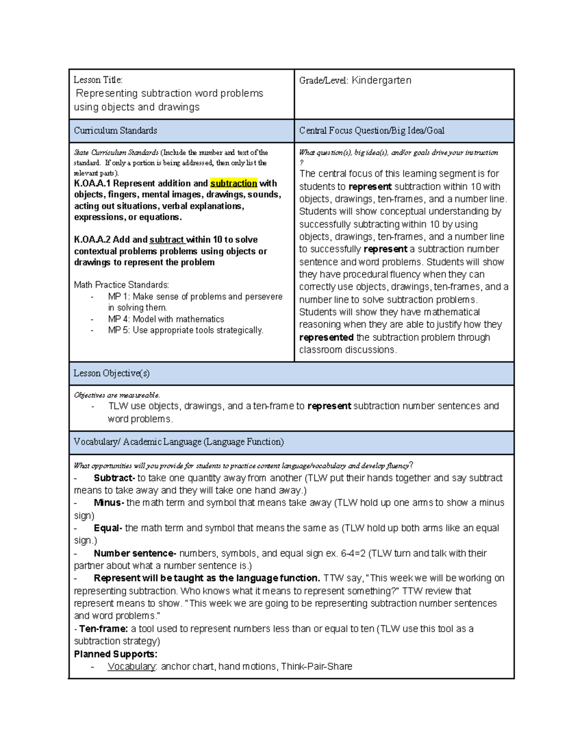 Lesson plan - Lesson Title: Representing subtraction word problems ...