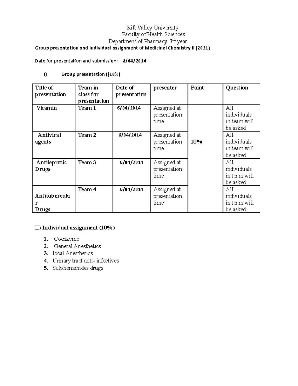 Assignment for medical chemistry II - Rift Valley University Faculty of ...