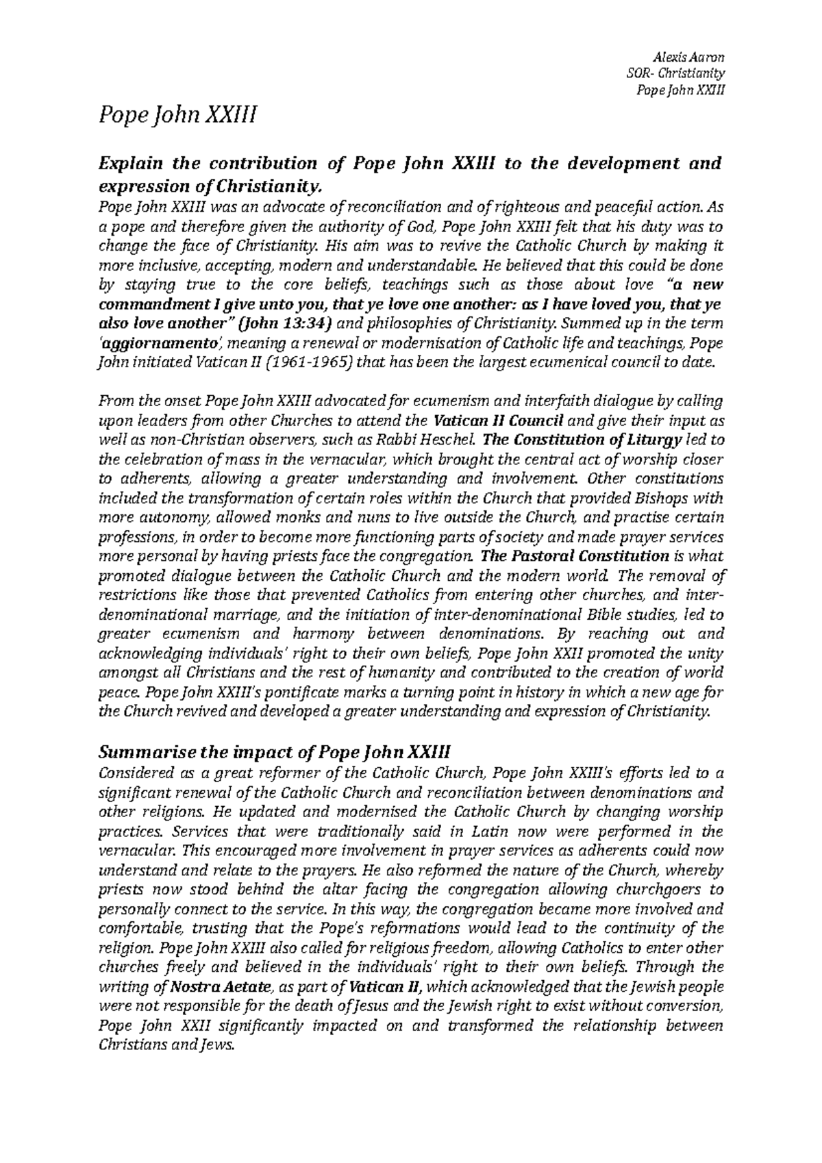 Pope John Xxiii Sample Questions - Alexis Aaron SOR- Christianity Pope ...