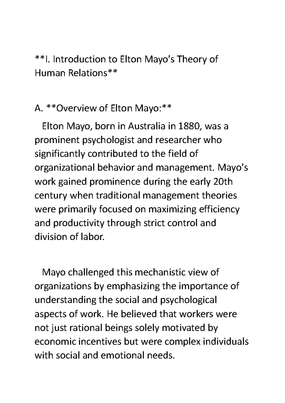 Elton MAYO Human Realtion - I. Introduction to Elton Mayo's Theory of ...