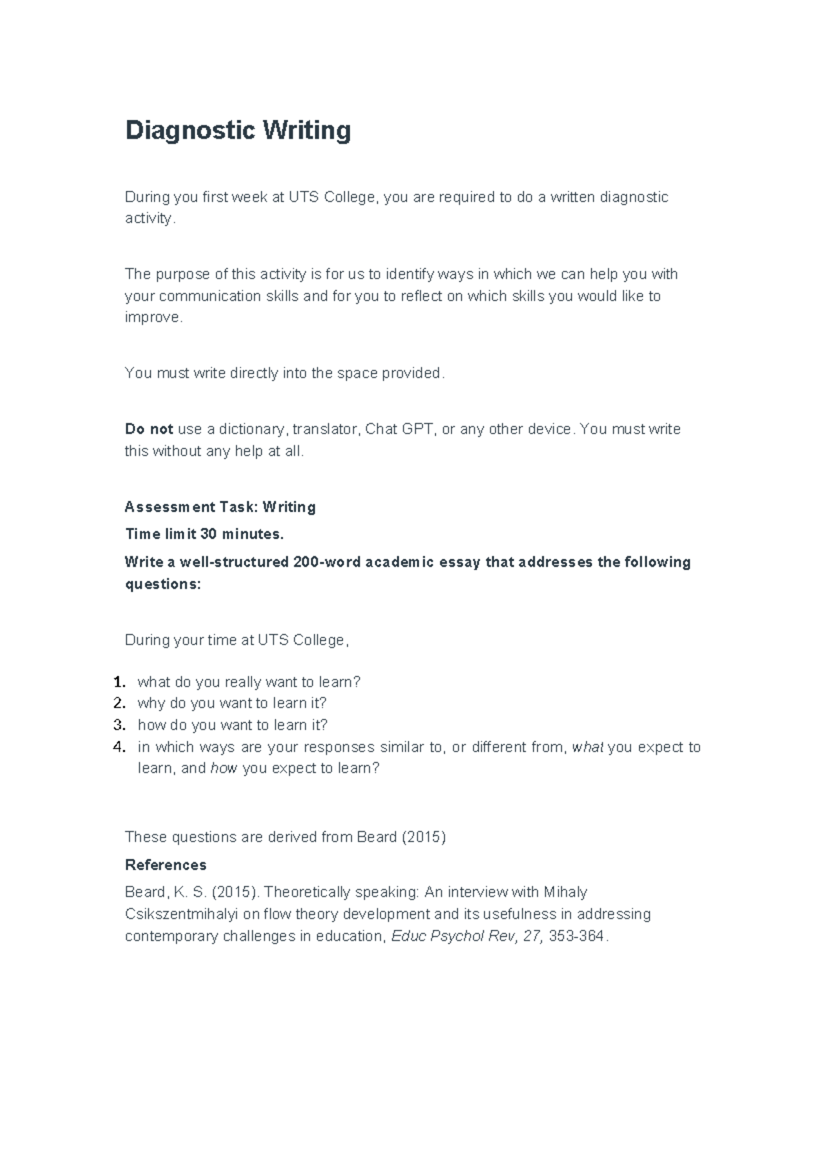 Diagnostic Writing - Diagnostic Writing During you first week at UTS ...