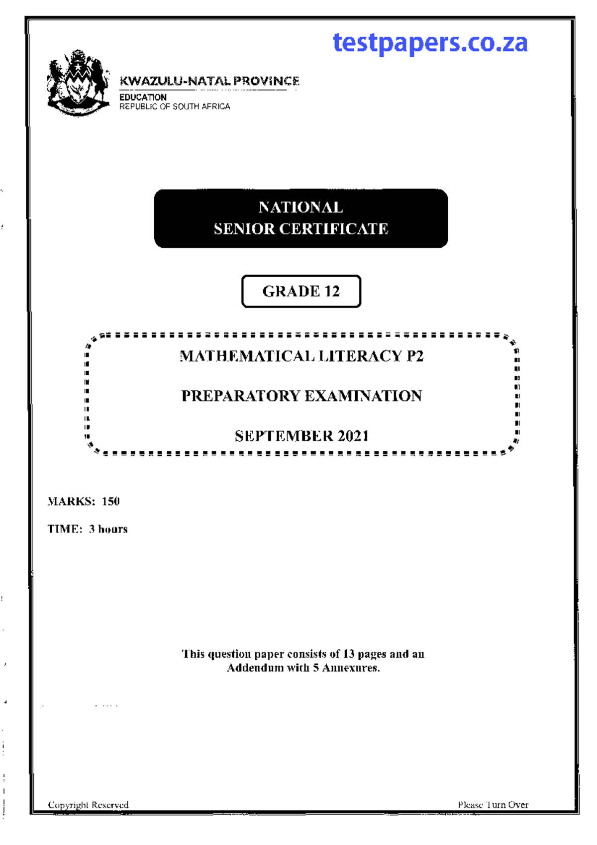 Maths Literacy Grade 12 Trial 2021 P2 only - testpapers.co - Studocu