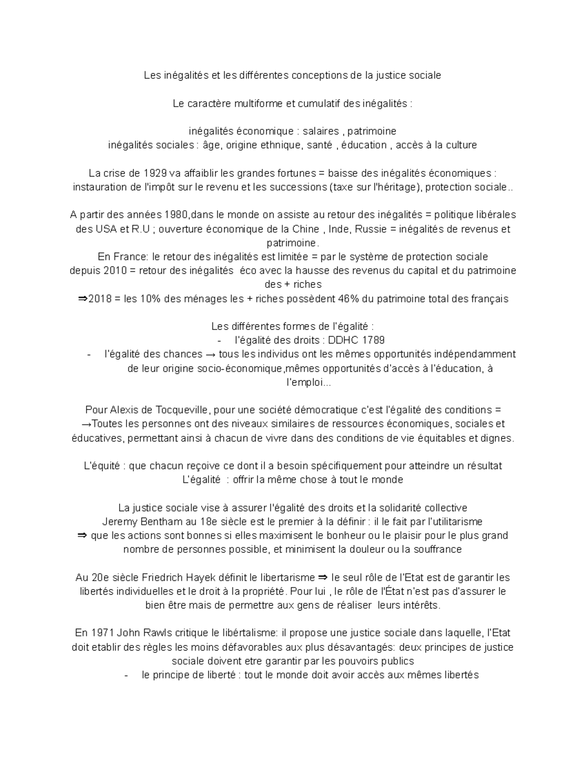 Fiche de révision justice sociale chapitre 9 S - Les inégalités et les ...