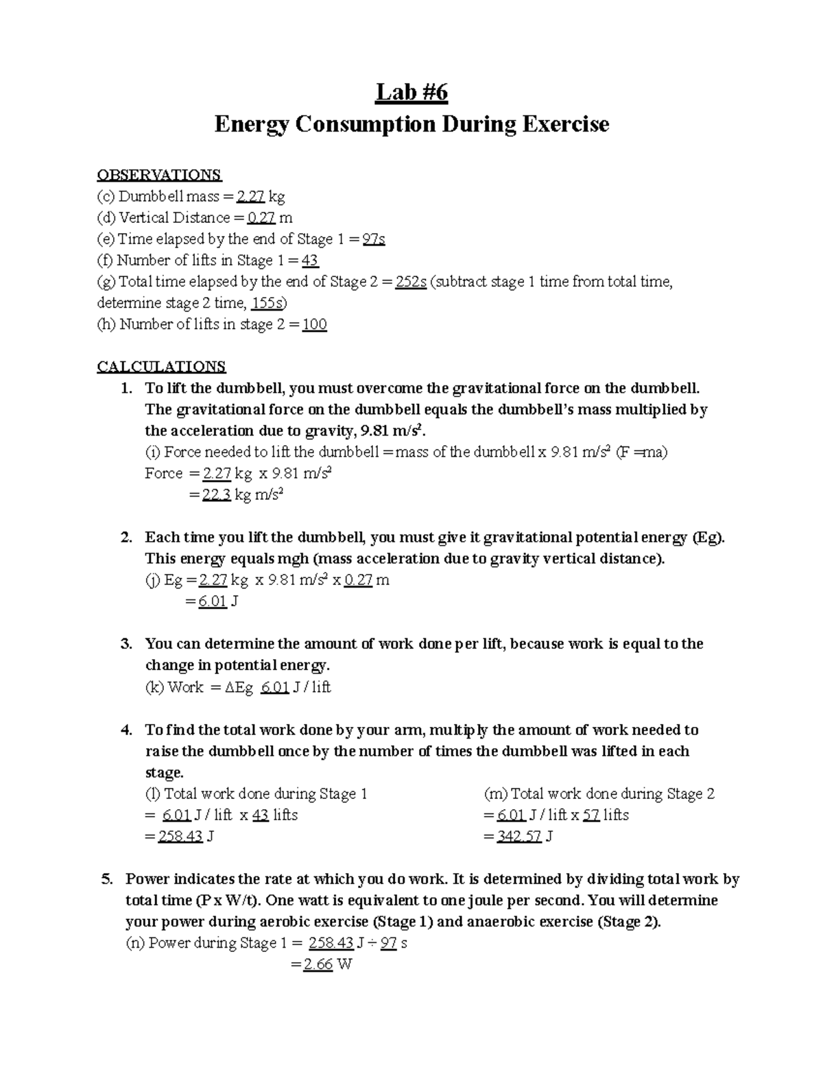 Lab #6 - Energy Consumption During Exercise - Lab Energy Consumption ...