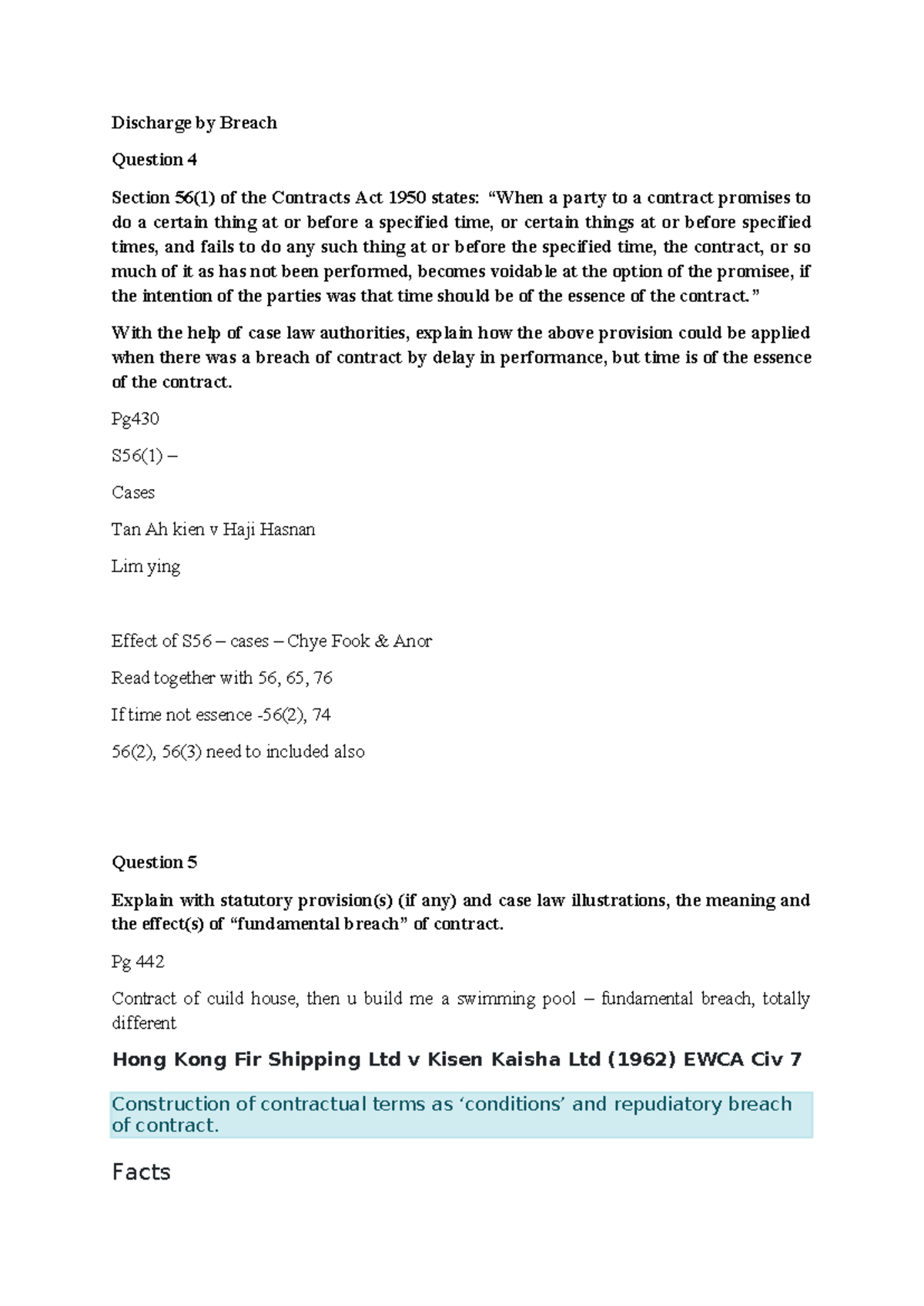 Contract Law 2 Tutorial 9 week 10 - Discharge by Breach Question 4 Section 56(1) of the ...