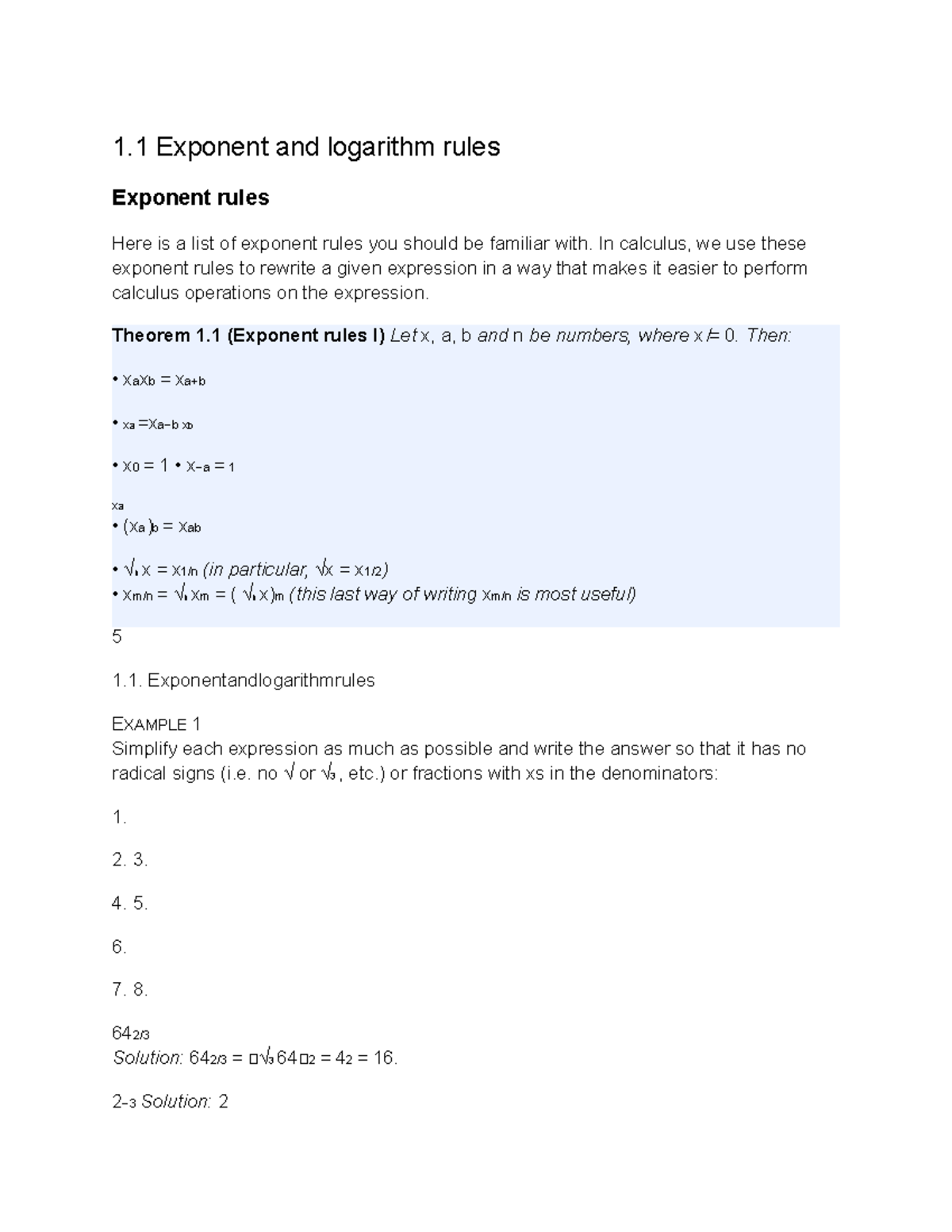 123 notes - 1 Exponent and logarithm rules Exponent rules Here is a ...