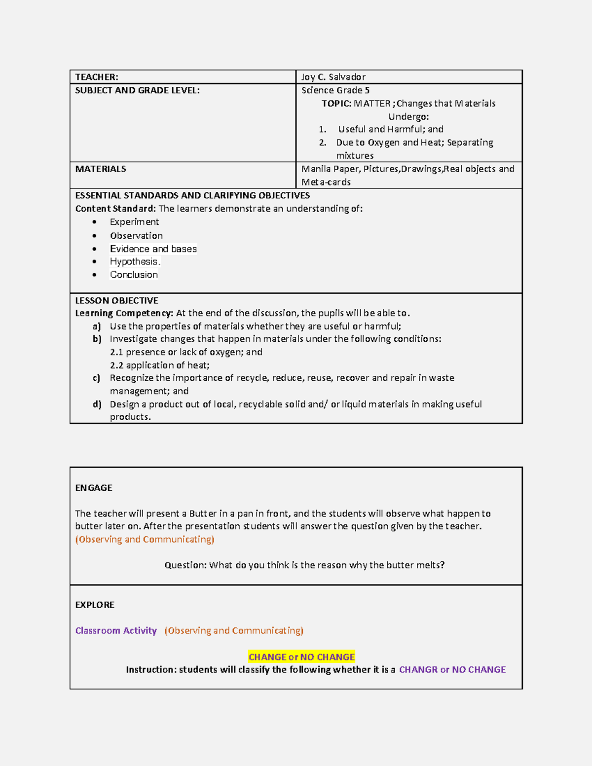 Science 5 ( Matter) 5E Lesson PLAN - TEACHER: Joy C. Salvador SUBJECT ...
