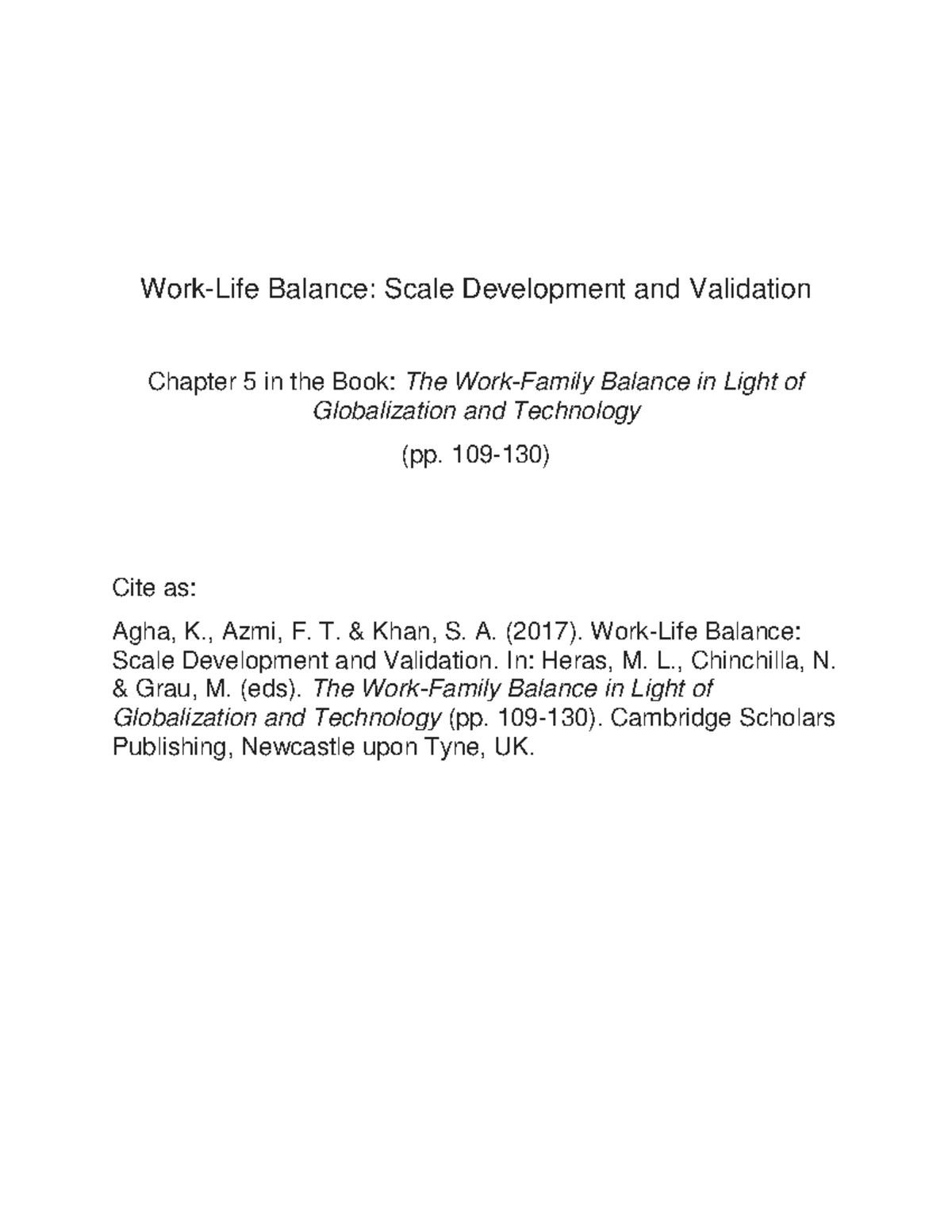 Chap5withreference WLBscale - Work-Life Balance: Scale Development and ...