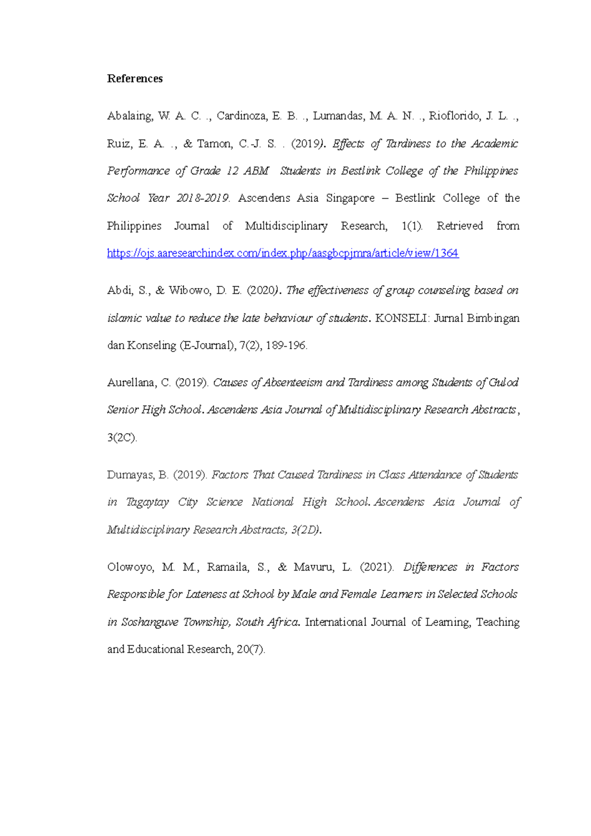 Dd-1 - I want to help my parents - References Abalaing, W. A. C ...