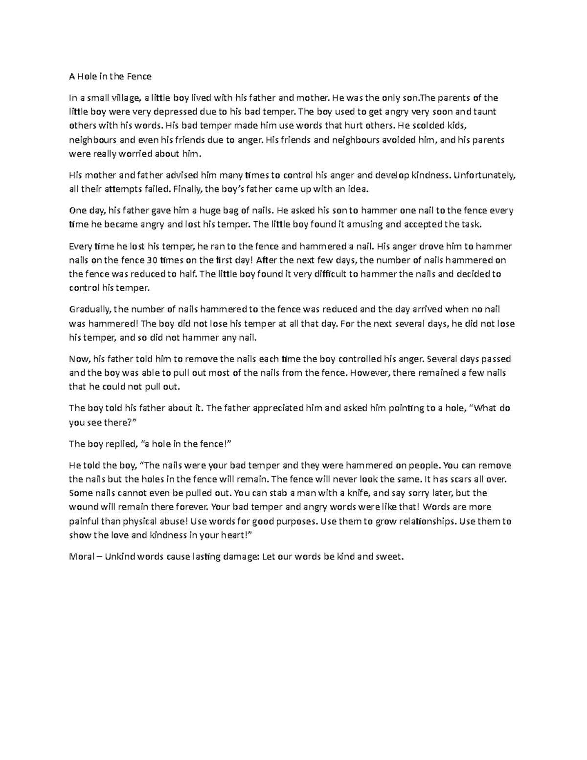 A Hole in the Fence - Short story - A Hole in the Fence In a small ...