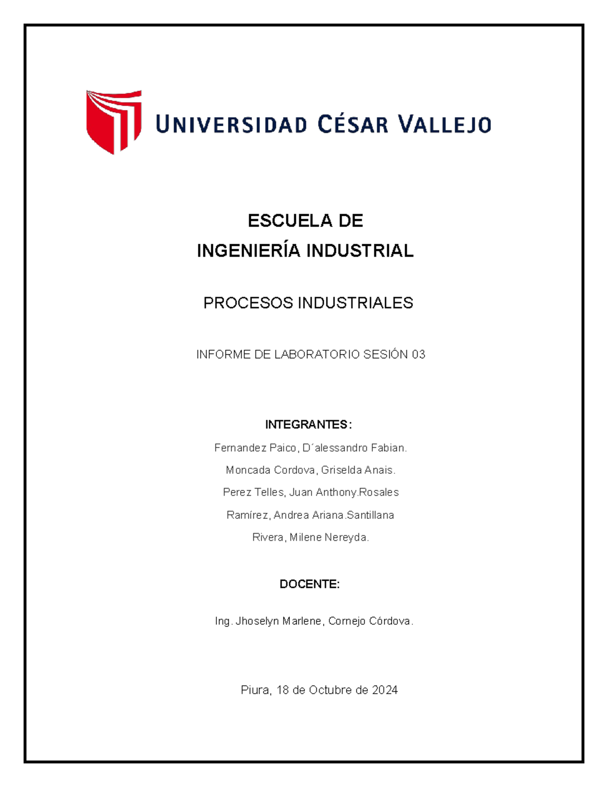 Formato DE Caratula - Presentación Informe 2024 - ESCUELA DE INGENIERÍA ...