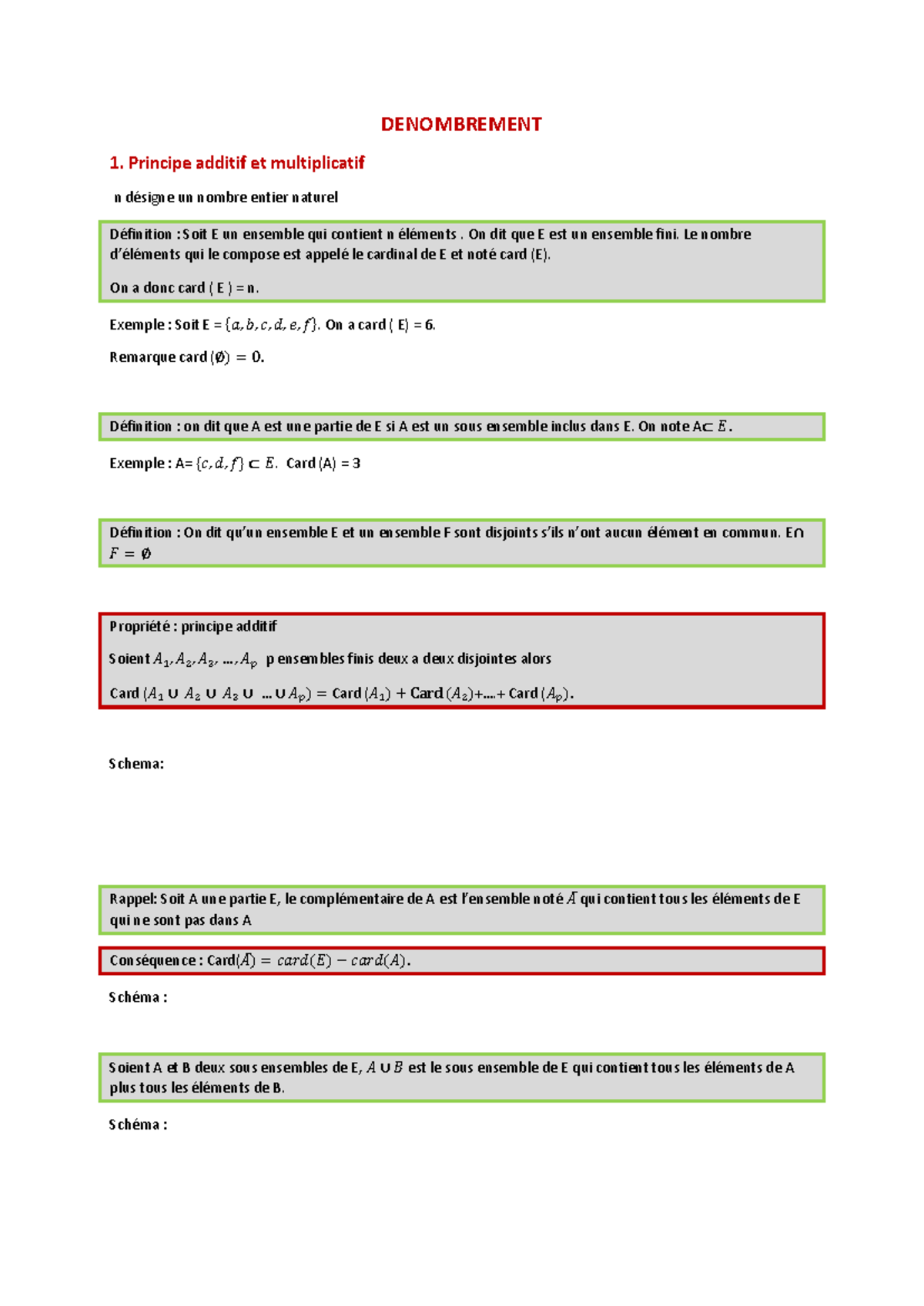 Cours Dénombrement - DENOMBREMENT 1. Principe additif et multiplicatif ...