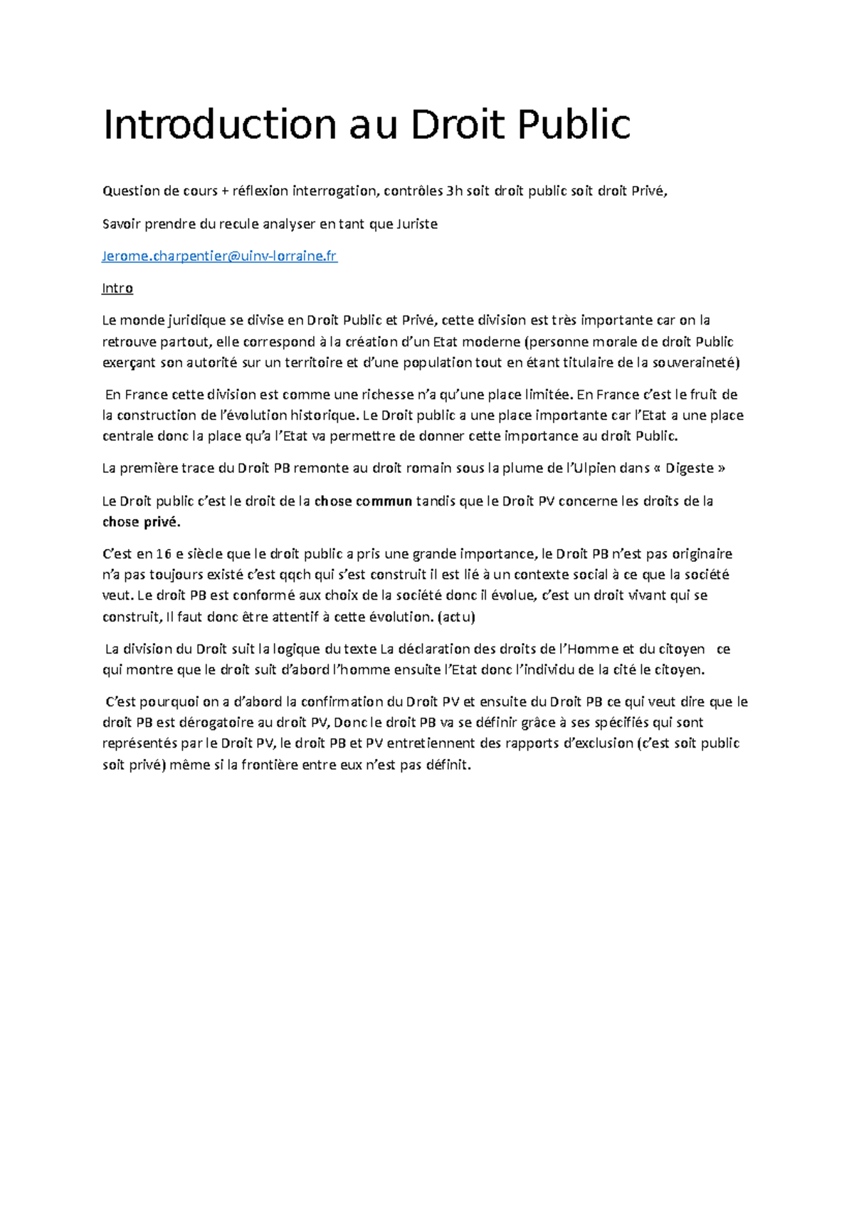 Introduction au Droit Public - Introduction au Droit Public Question de cours + réflexion - Studocu