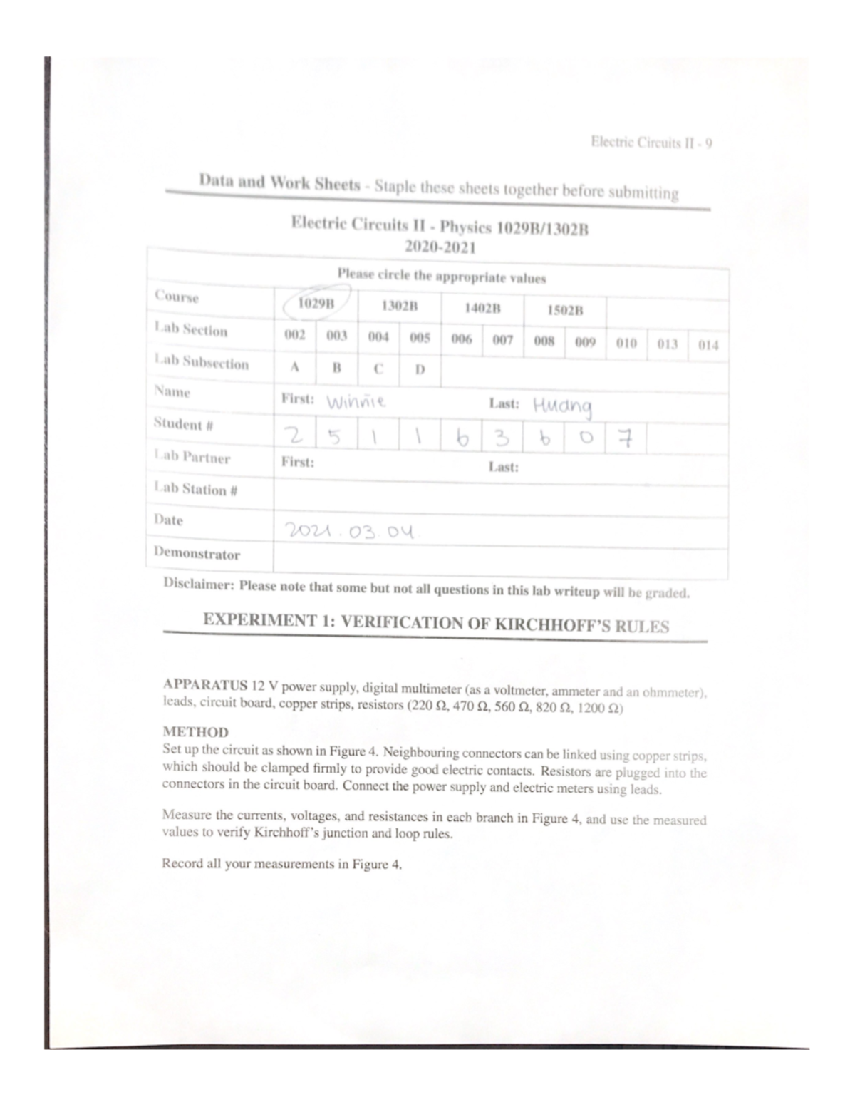 Circuits Lab - Data Sheets ( Completed) - Physics 1029A/B - Studocu