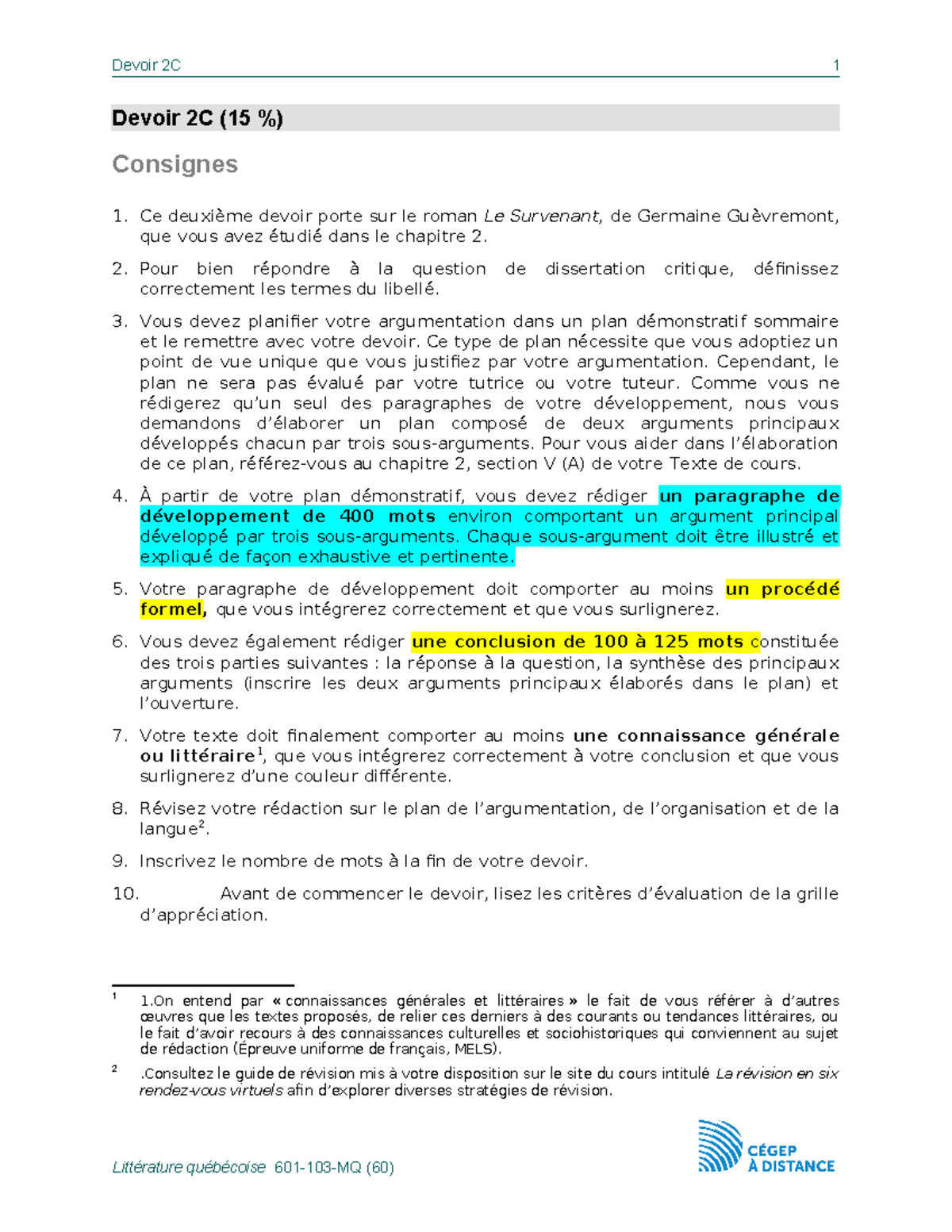 601-103-MQ dev 02C - Devoir 2 litterature quebecoise - Devoir 2C 1 ...
