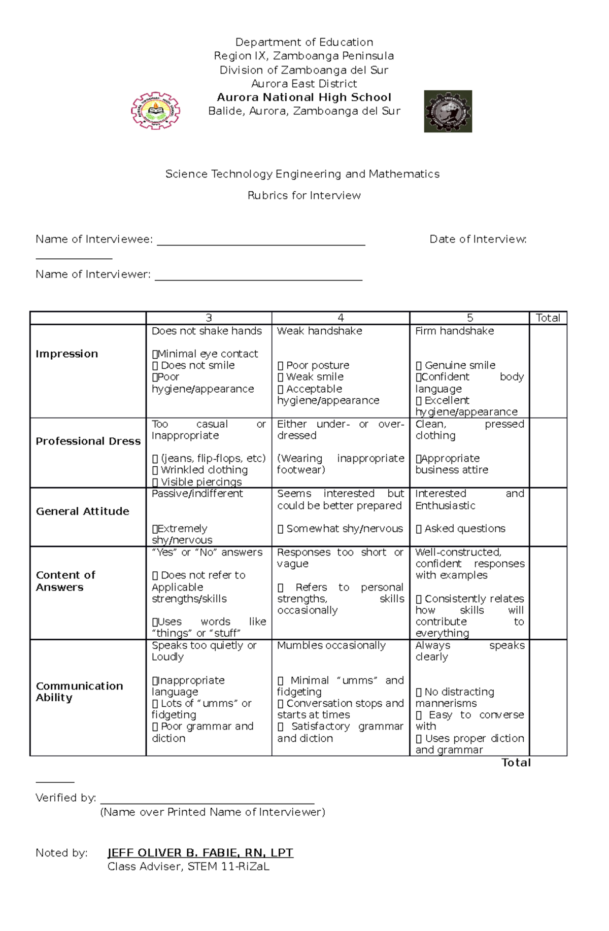 Rubrics-for-Interview - Department of Education Region IX, Zamboanga ...