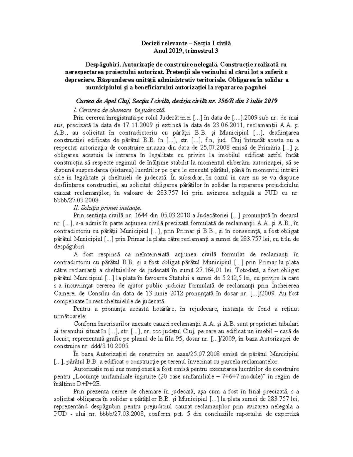 Decizii relevante trimestrul al III-lea - Decizii relevante – Secţia I ...