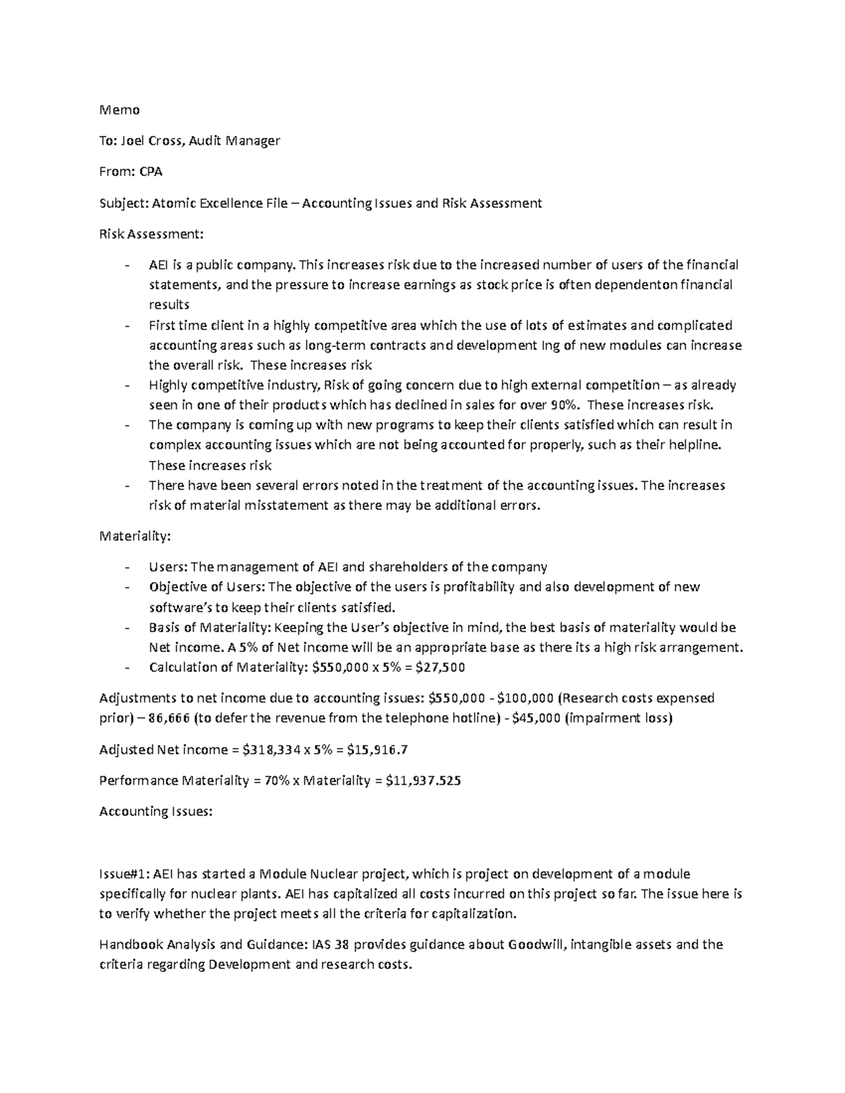 Self-assessed Exam - Case - Memo To: Joel Cross, Audit Manager From ...