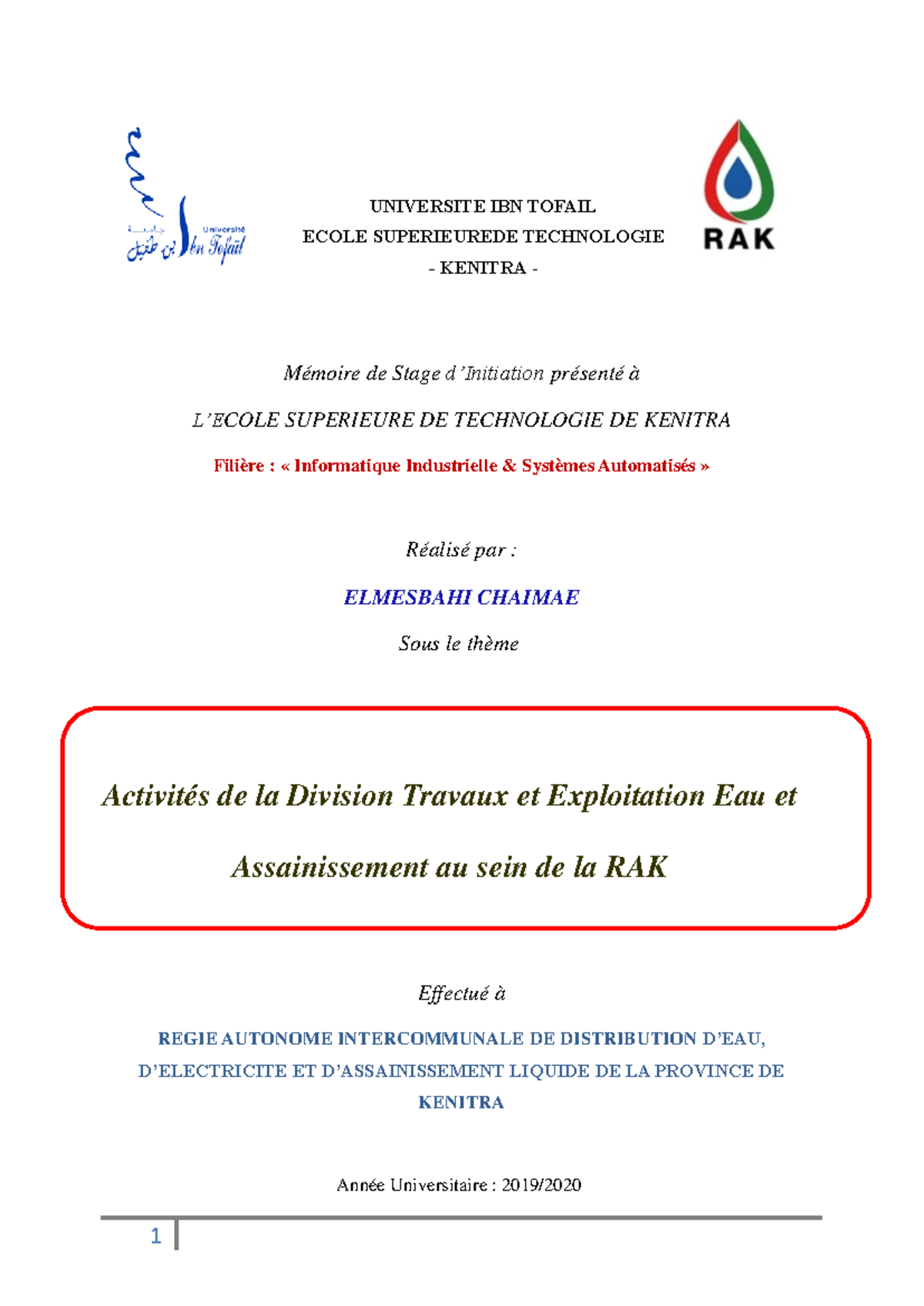 440355502 Rapport de Stage RAK - Mémoire de Stage d’Initiation présenté ...