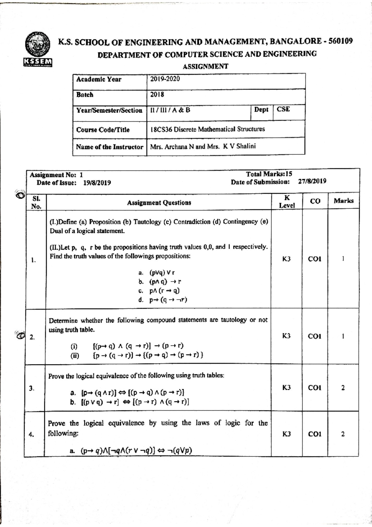 18CS36 dms assignment - Computer science and design engineering - Studocu