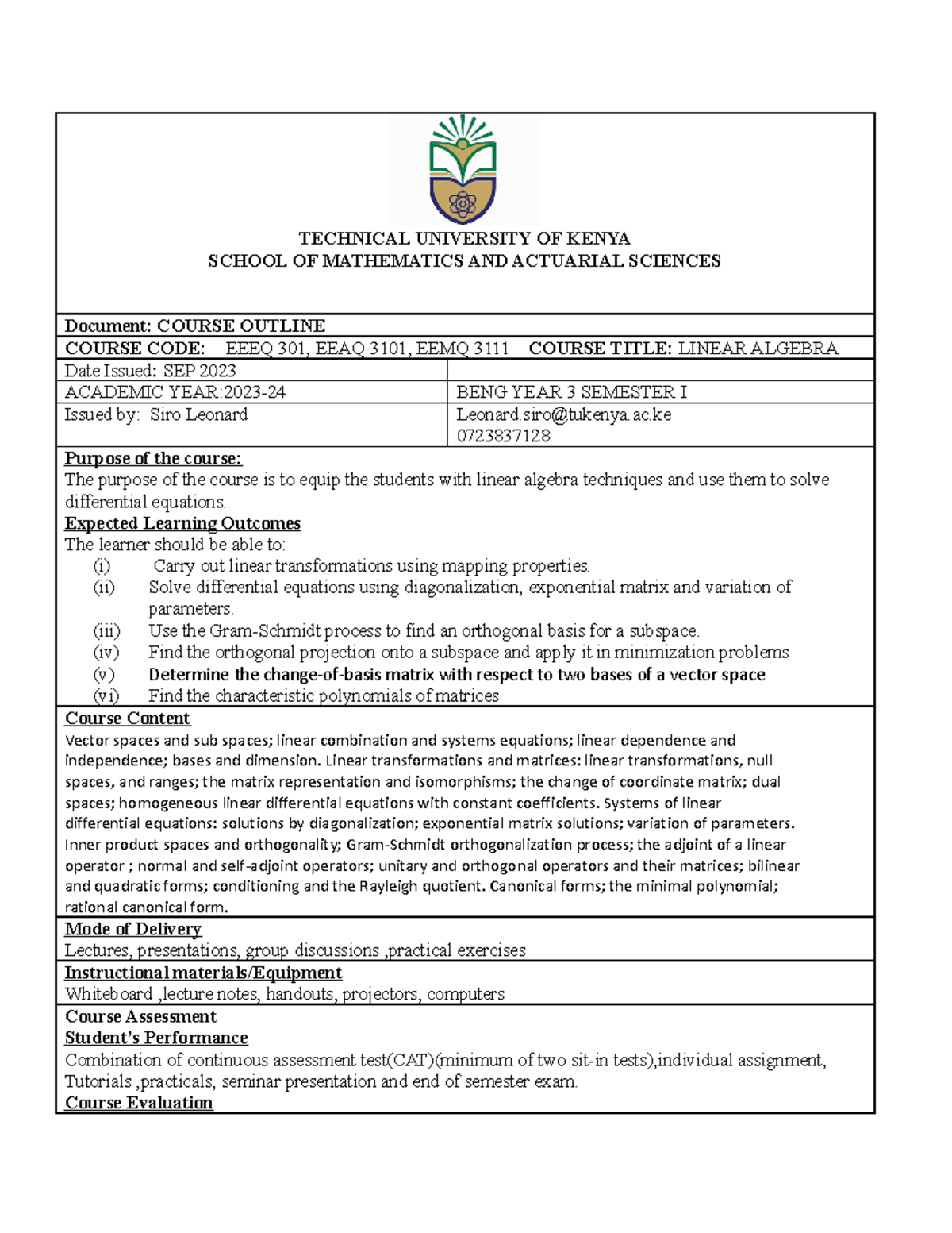 Linear Algebra - A good book for review - TECHNICAL UNIVERSITY OF KENYA ...