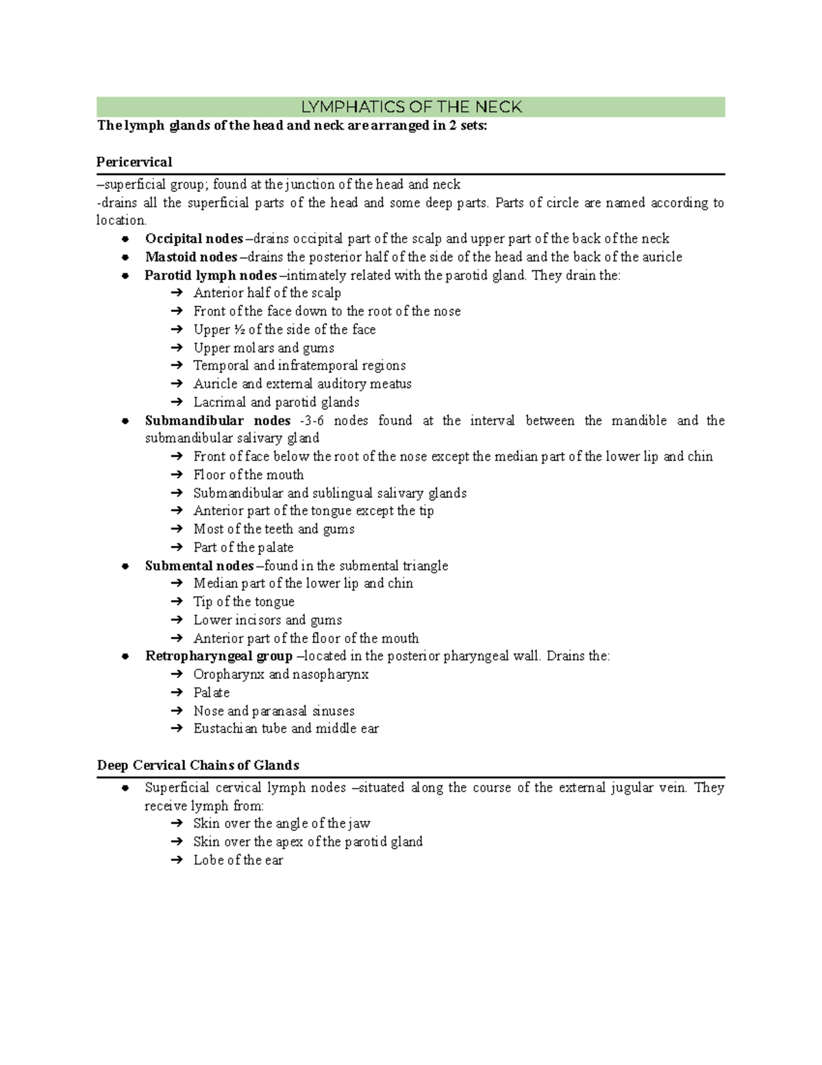 Lymphatics OF THE NECK - Lecture notes 1 - LYMPHATICS OF THE NECK The ...