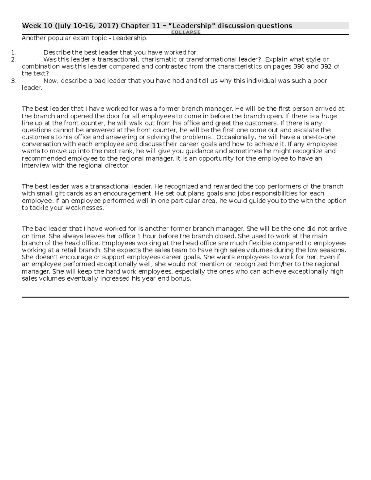 Week 10 - Discussion - Week 10 (July 10-16, 2017) Chapter 11 ...