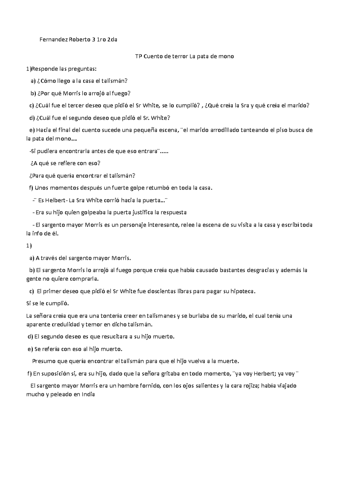 TP Cuento de terror La pata de mono - Fernandez Roberto 3 1ro 2da TP Cuento de terror La pata de ...