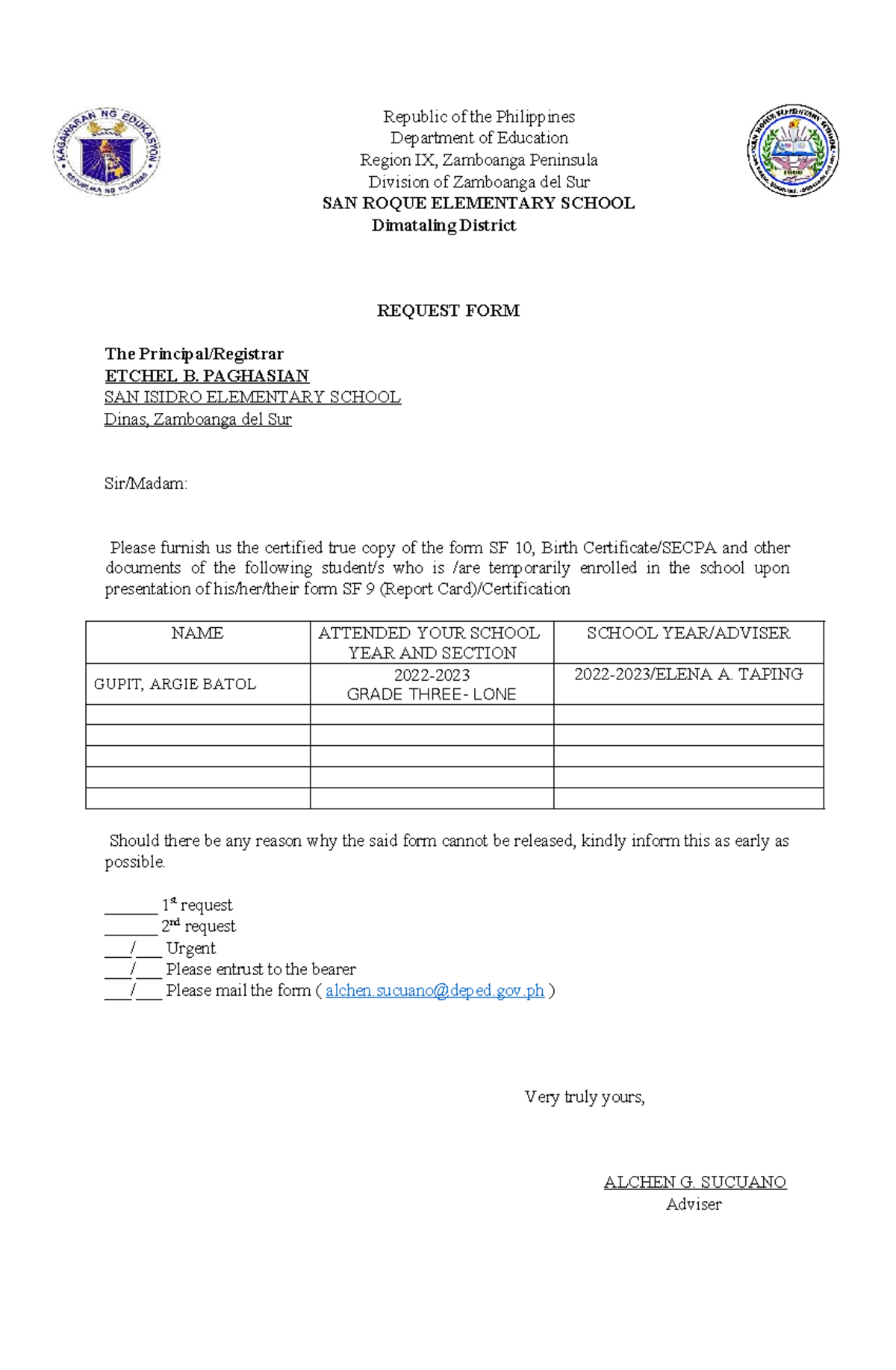 Request-form- Argie Gupit - Republic of the Philippines Department of ...