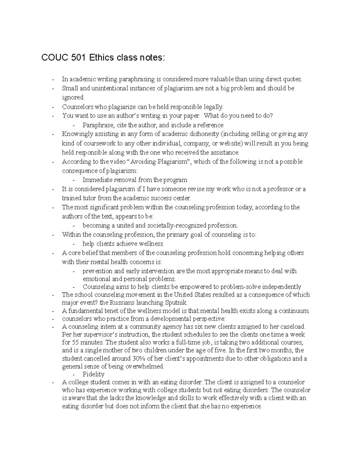 COUC 501 Ethics class notes - COUC 501 Ethics class notes: - In ...