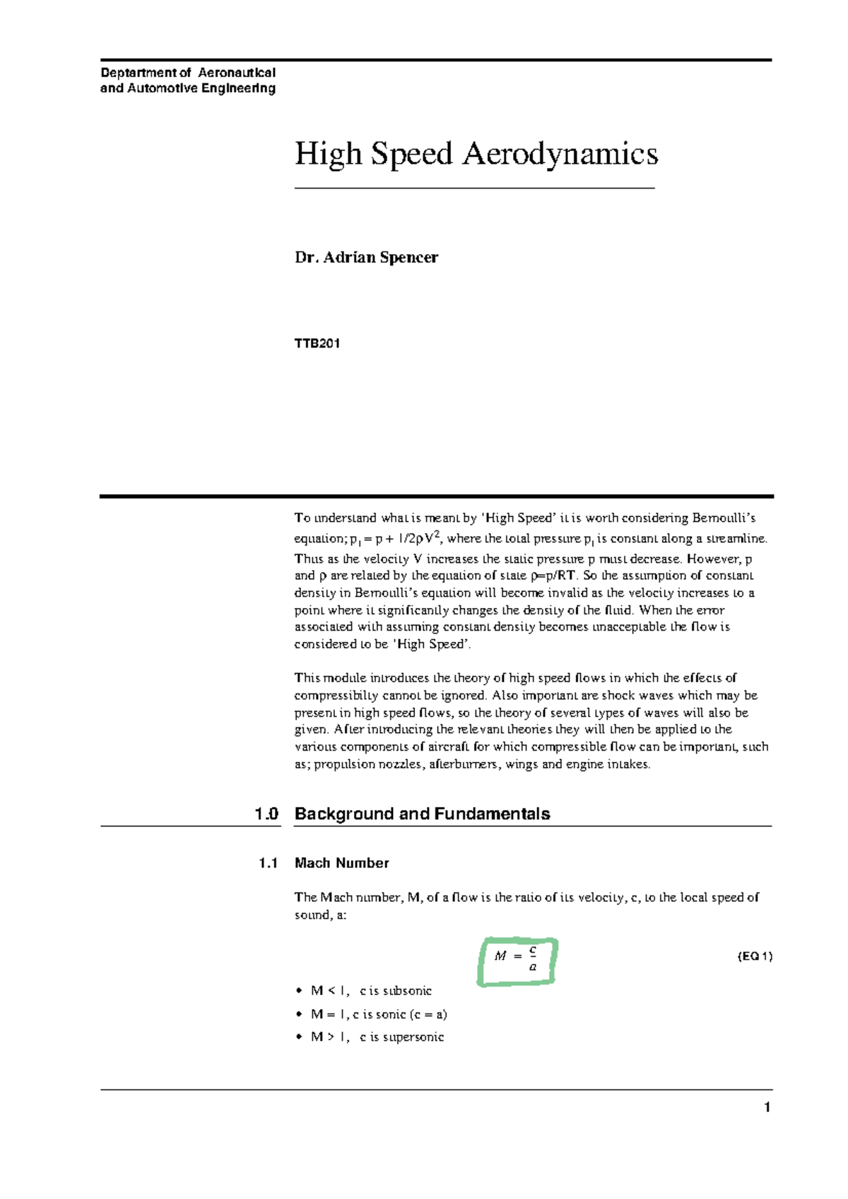 High speed aerodynamics notes - Deptartment of Aeronautical and ...