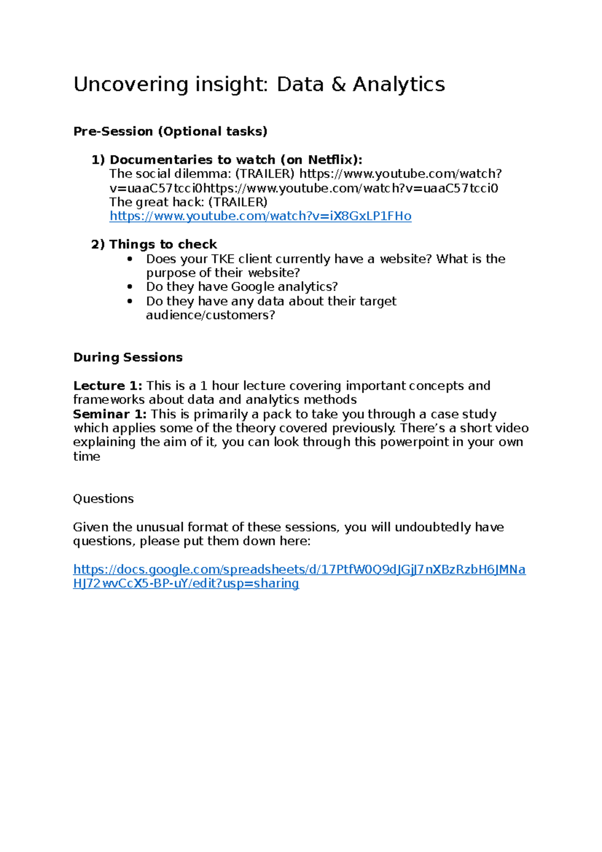 Pre - Lecture Seminar Guide - Uncovering insight: Data & Analytics Pre ...