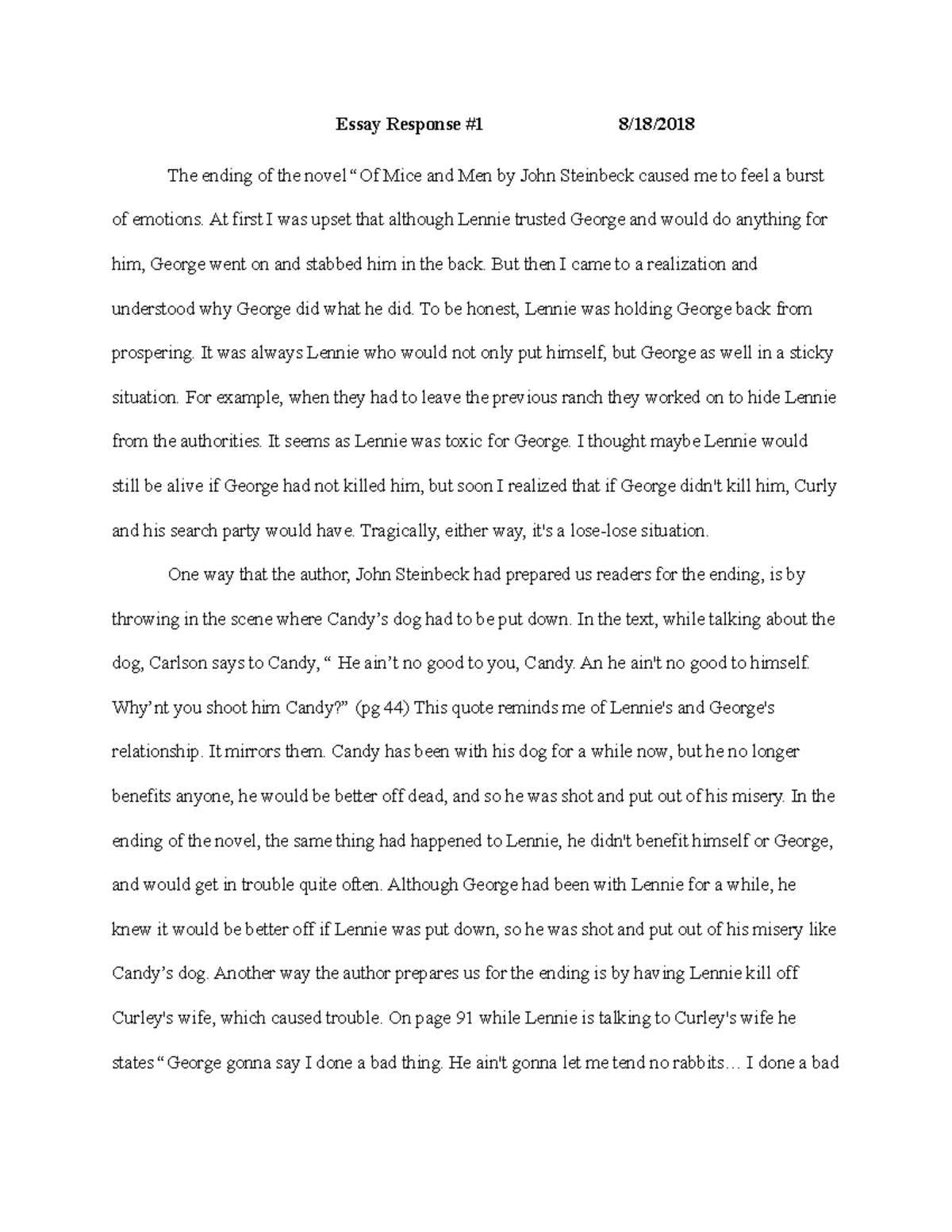 Copy of Of mice and men - 3 Essay responses - Essay Response #1 8/18 ...