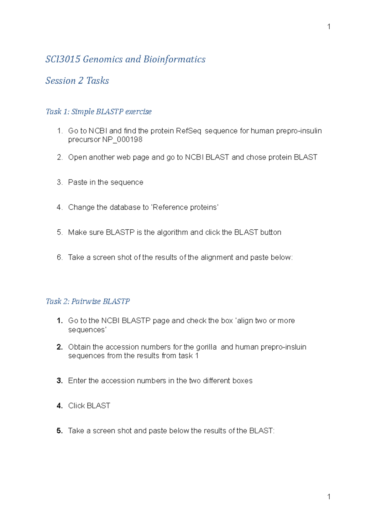 Bioinformatics Session 2 Tasks Sci3015 Genomics And Bioinformatics Session 2 Tasks Task 1