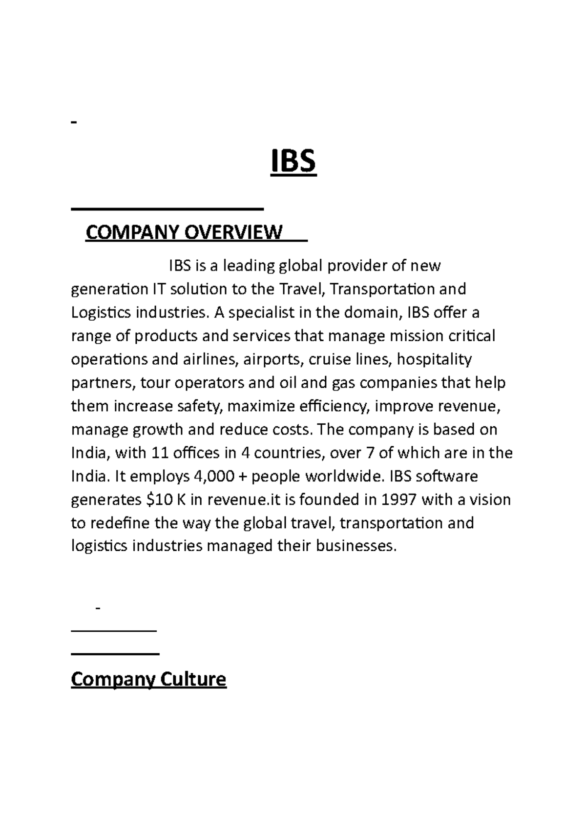 Research paper- IBS - Mandatory assignment - IBS COMPANY OVERVIEW IBS ...