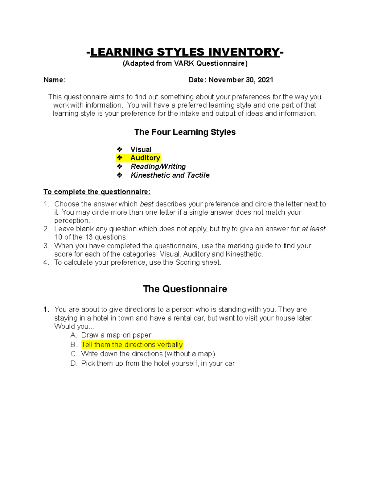 Learning Styles -LEARNING STYLES INVENTORY- (Adapted from VARK ...