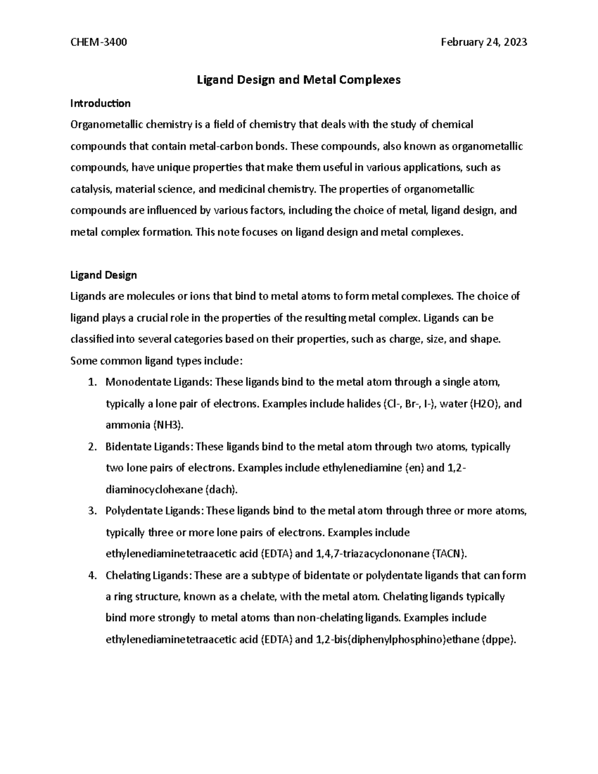 Ligand Design and Metal Complexes - CHEM-3400 February 24, 2023 Ligand ...