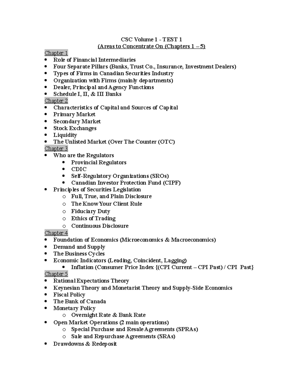 CSC Volume 1 (Areas to Concentrate on Test 1) 2021 FIN 5001 - CSC ...