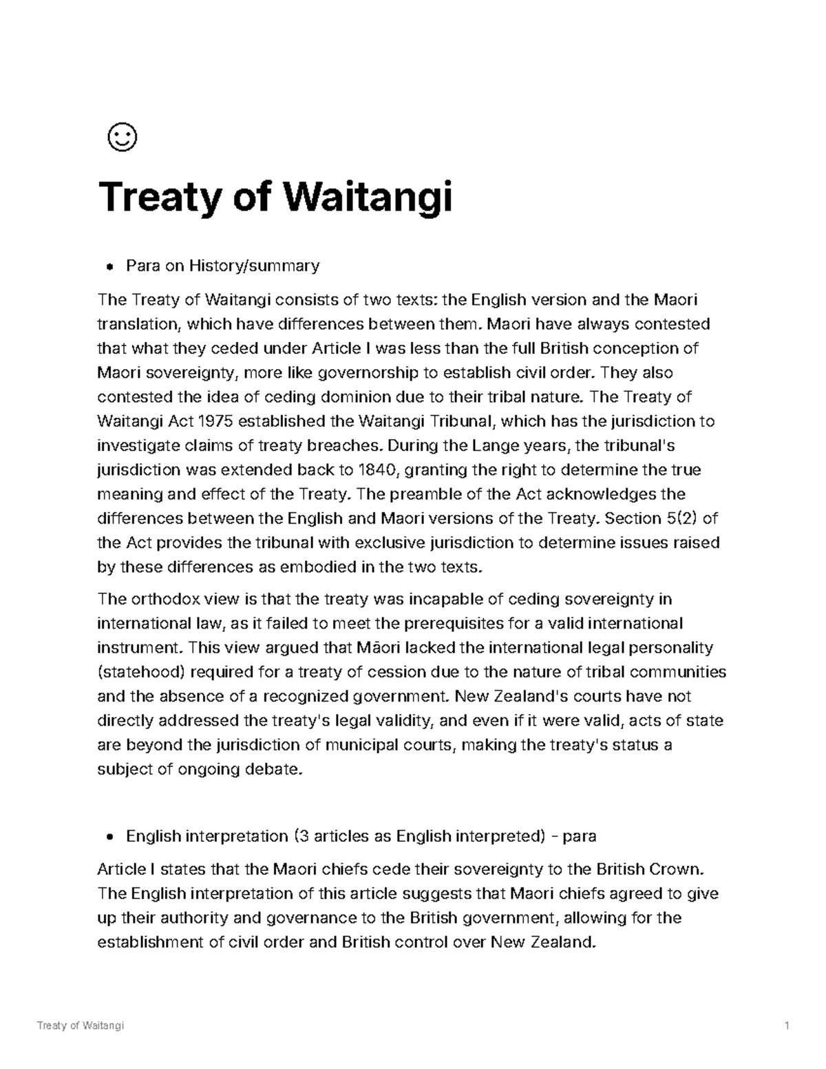 PUBLIC FINAL EXAM - ☺ Treaty of Waitangi Para on History/summary The ...