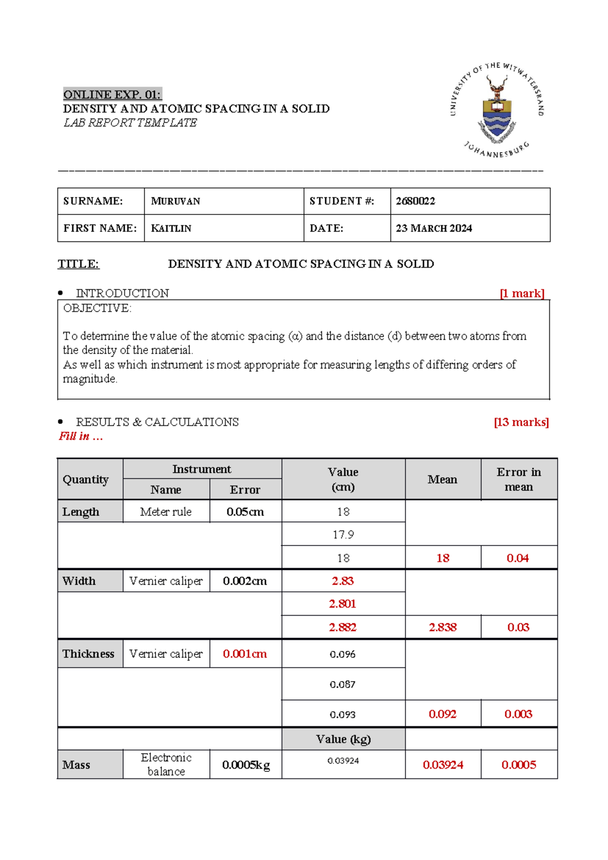 Online Exp01 - Density & Atomic Spacing - Lab Report Template-2 ...