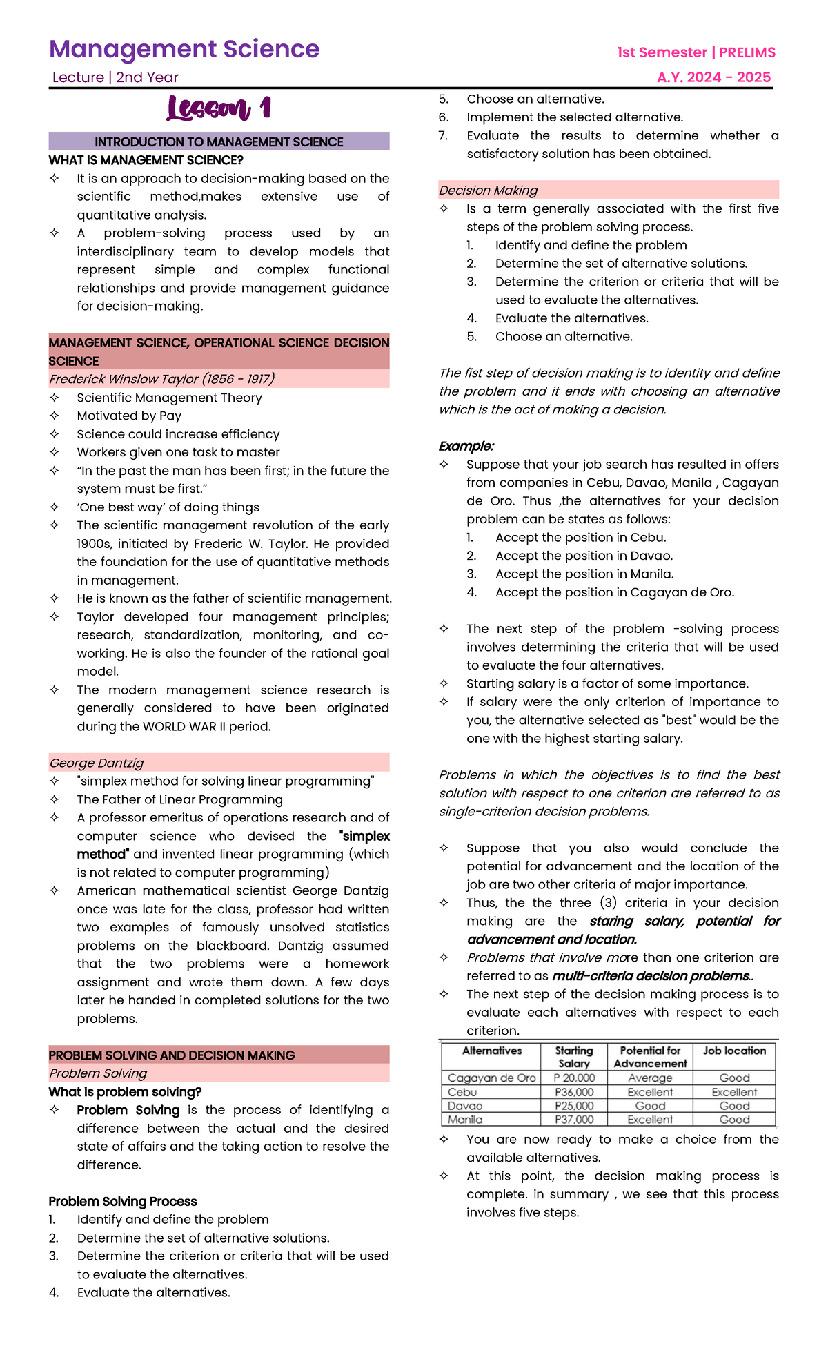 Management Science - Prelim - Management Science 1st Semester | PRELIMS ...